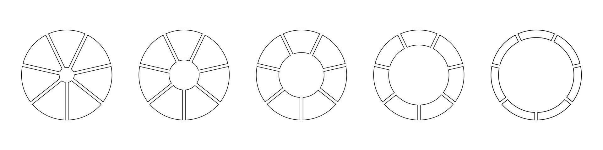 Wheels round divided in seven sections. Outline donut charts or pies segmented on 7 equal parts ...