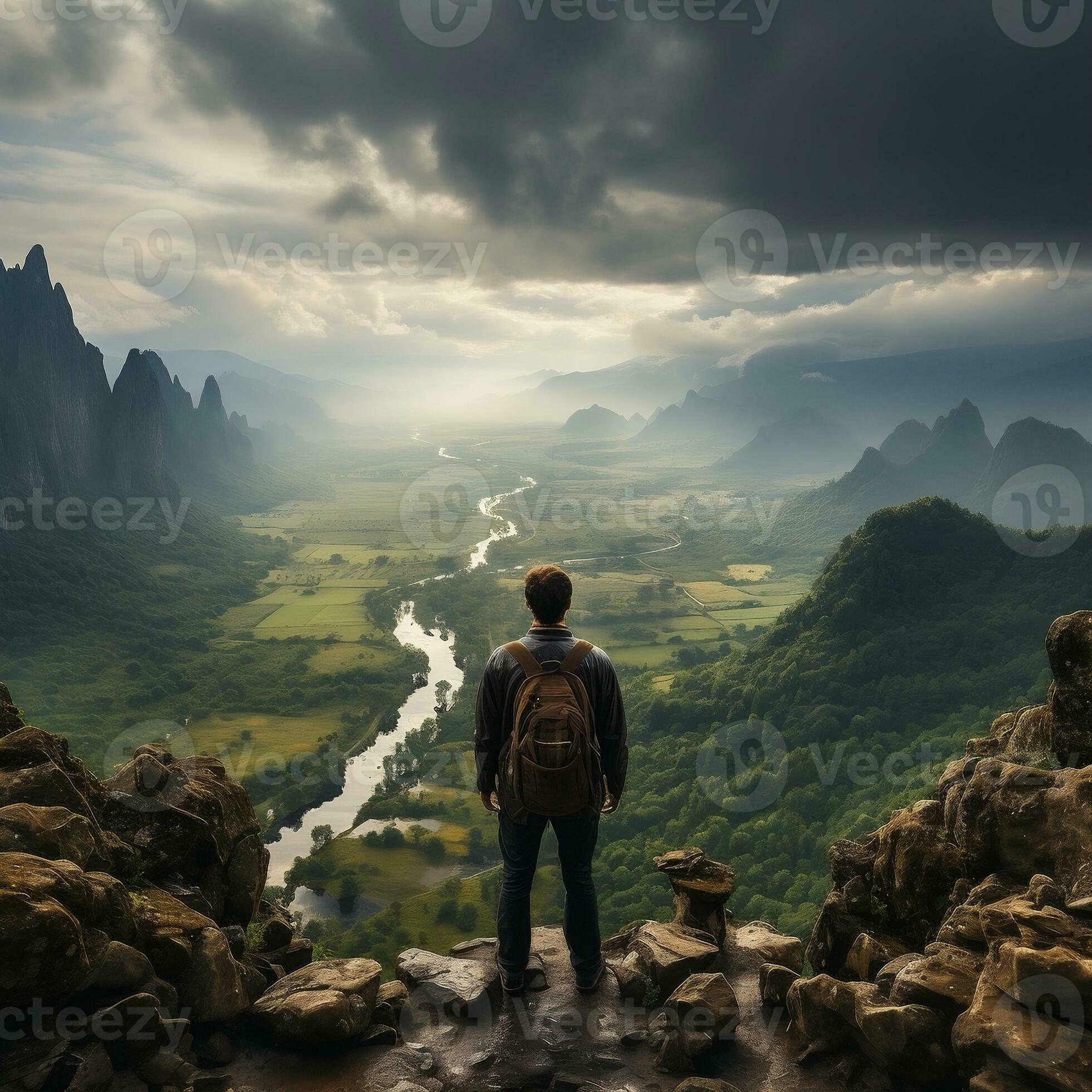 A traveler standing on a cliff edge, overlooking a vast, misty landscape generative ai 30824674 ...