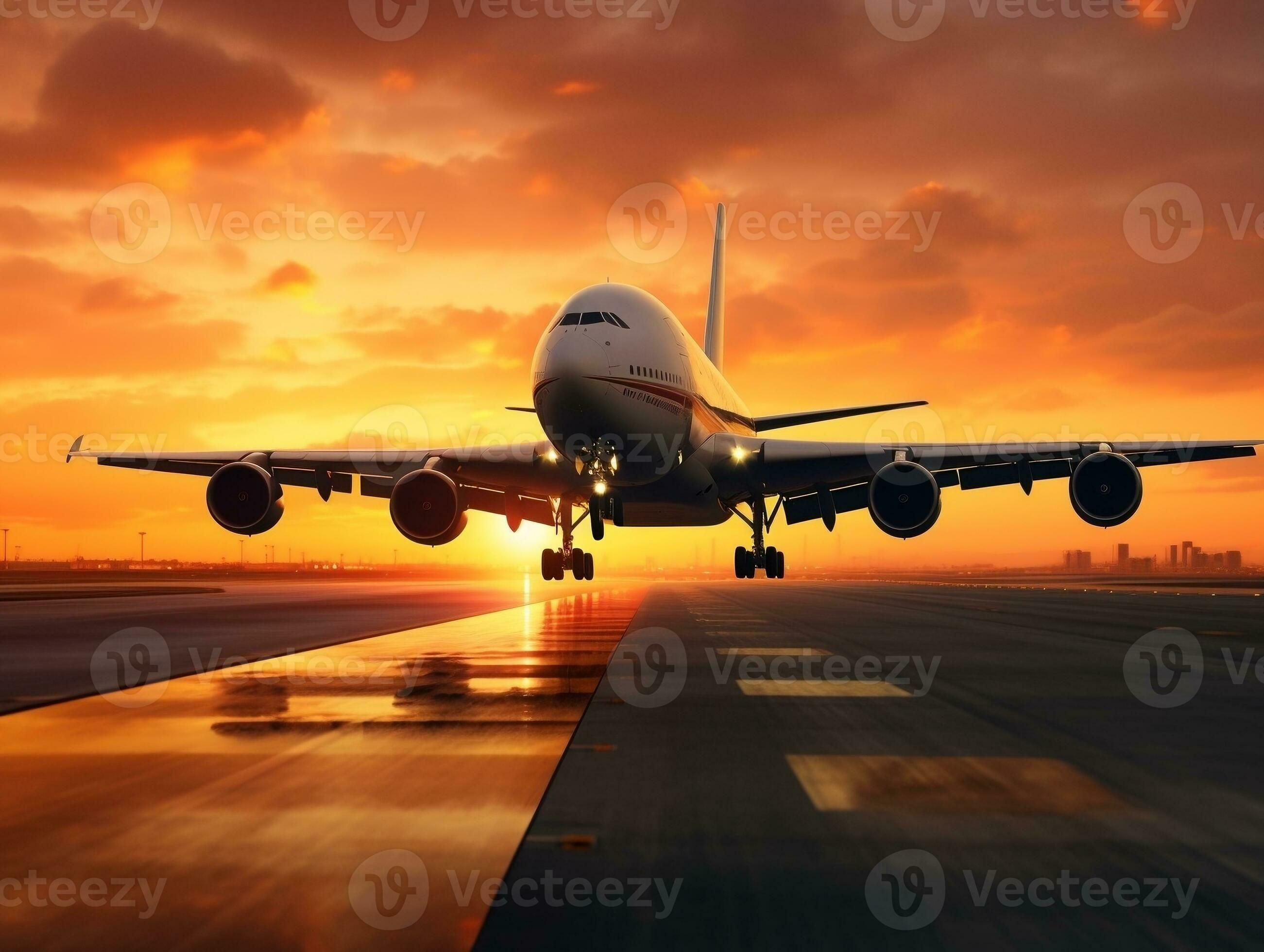 A large jetliner taking off or dawn from an airport runway at sunset generative ai 30824897 ...