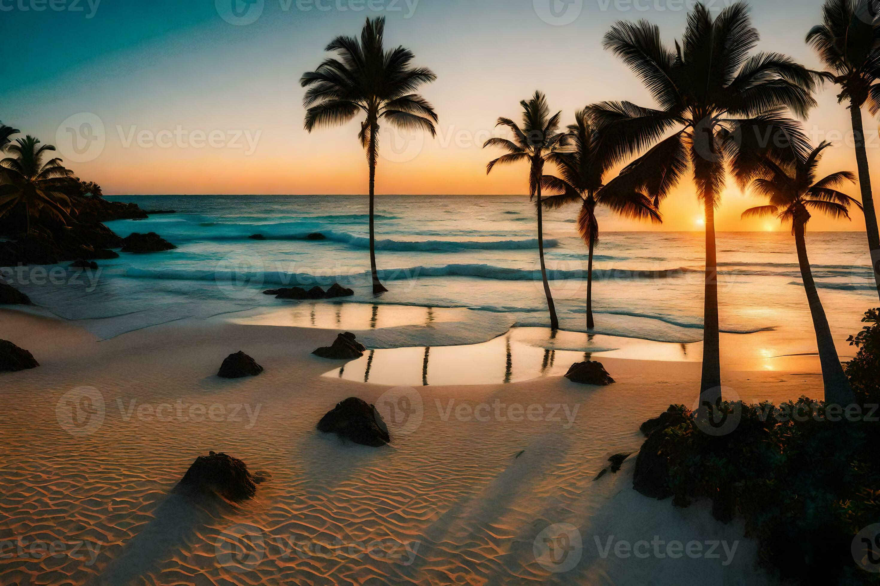 the sun sets on the beach in puerto rico. AI-Generated 30827562 Stock Photo at Vecteezy