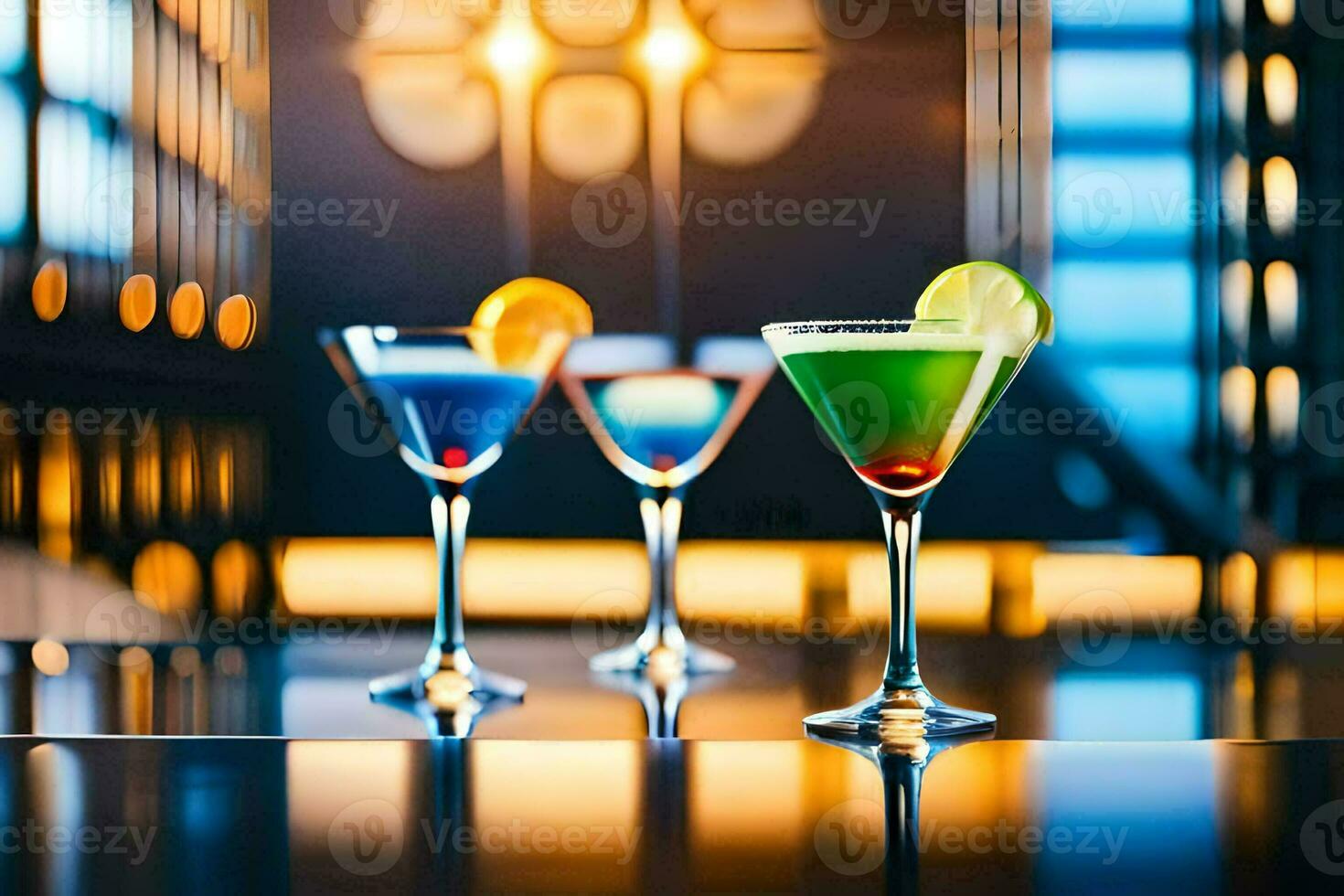 three martini glasses with colorful drinks on a bar. AI-Generated 30857946 Stock Photo at Vecteezy