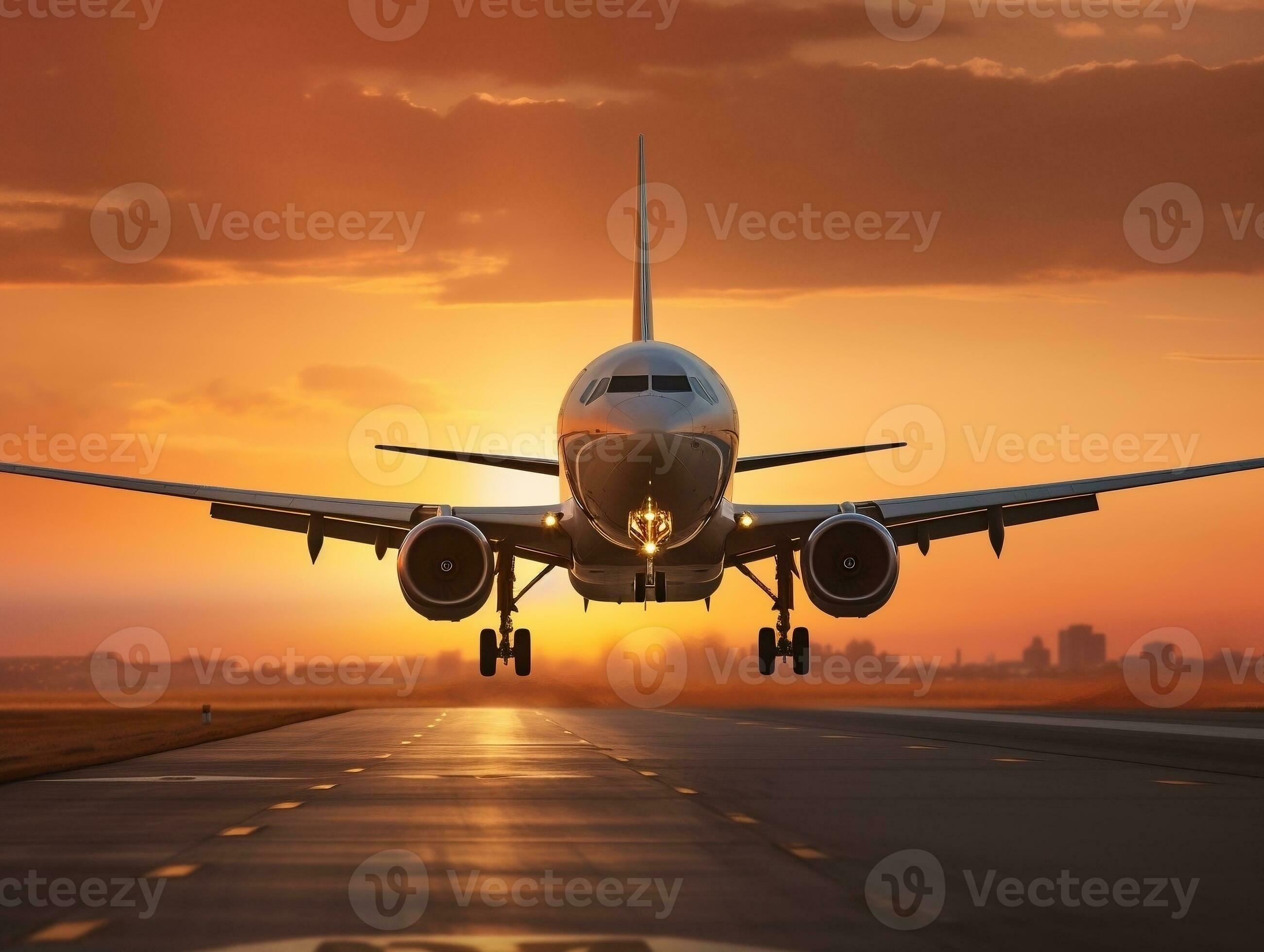 A large jetliner taking off or dawn from an airport runway at sunset generative ai 30866180 ...