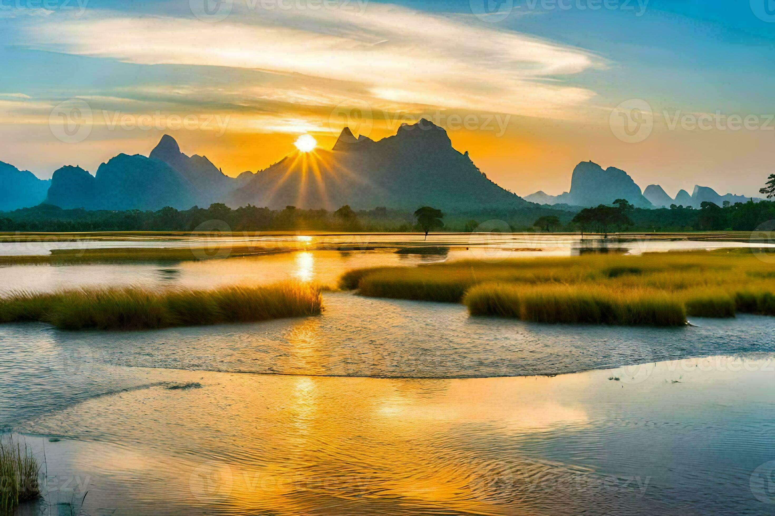 the sunrise over the li river, yangshuo, china. AI-Generated 30866417 Stock Photo at Vecteezy