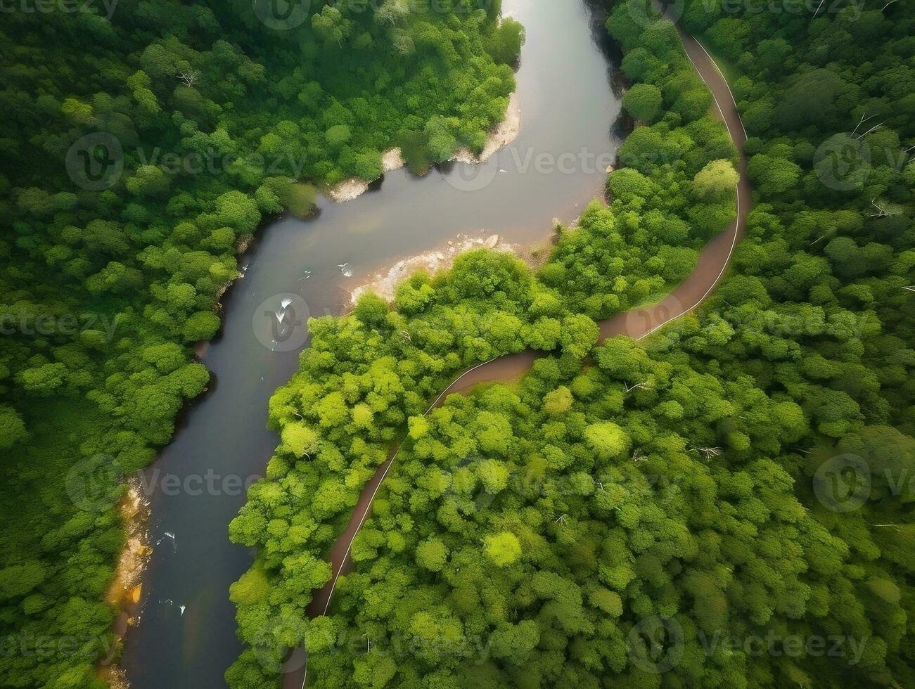 An aerial view of a winding river cutting through a dense forest generative ai 30867866 Stock ...