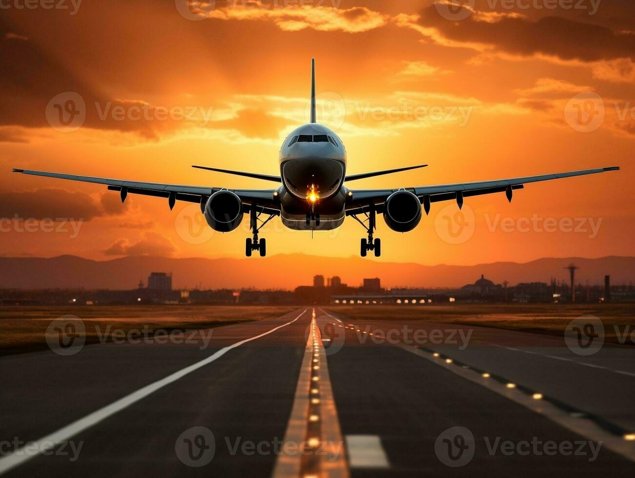 A large jetliner taking off or dawn from an airport runway at sunset generative ai 30867956 ...