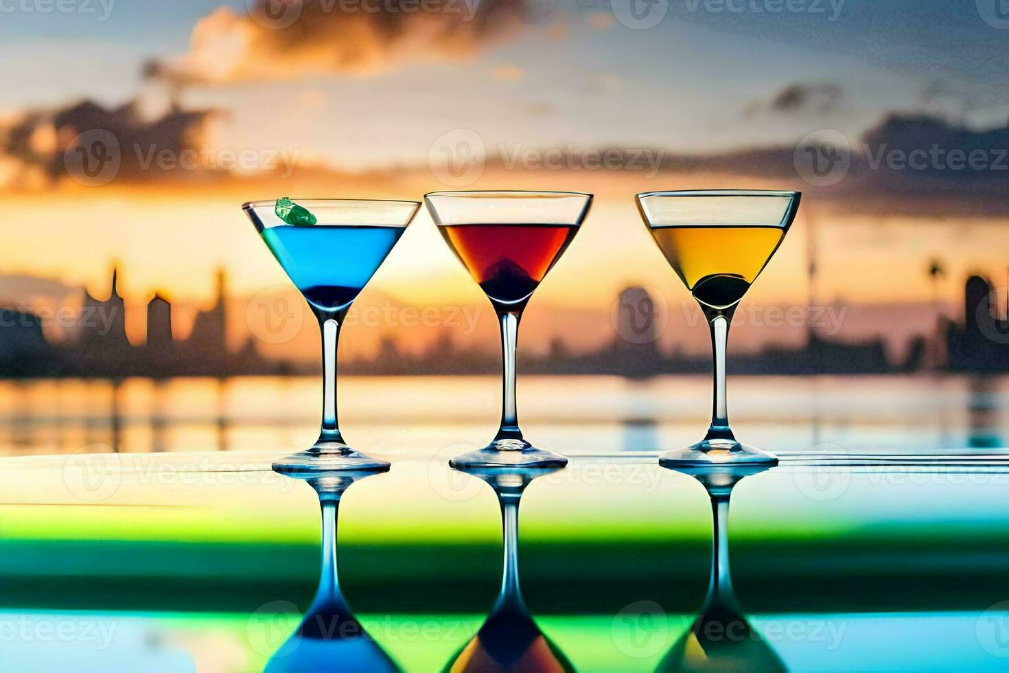 three martini glasses with colorful drinks on a table. AI-Generated 30872454 Stock Photo at Vecteezy