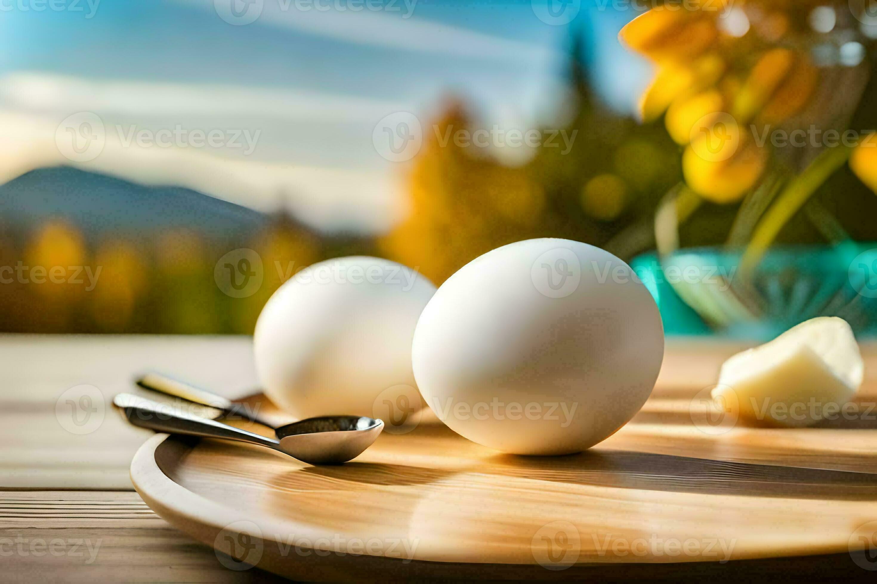 two eggs on a wooden table with a spoon. AI-Generated 30878328 Stock Photo at Vecteezy
