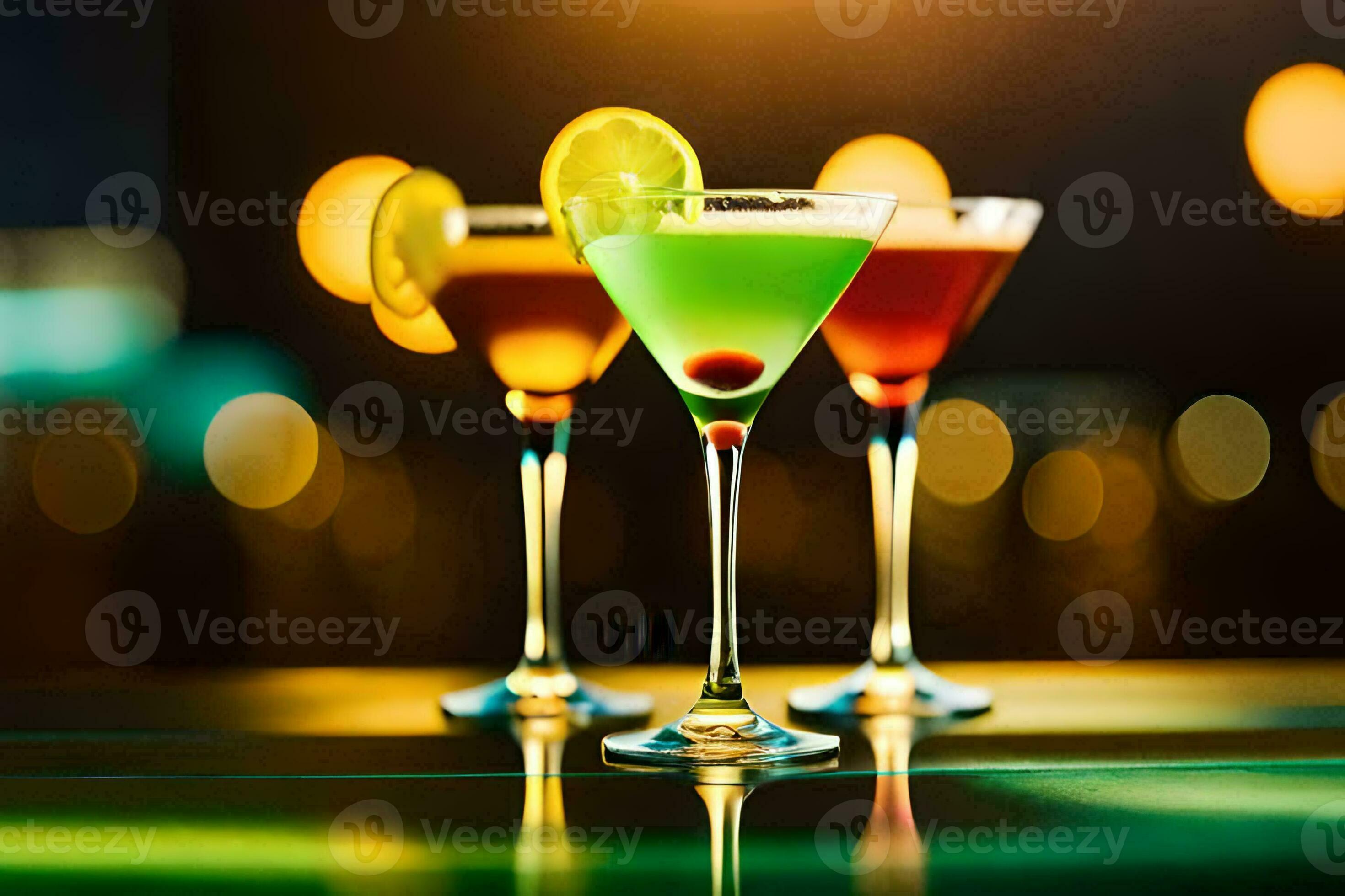 three martini glasses with different colored drinks. AI-Generated 30880432 Stock Photo at Vecteezy
