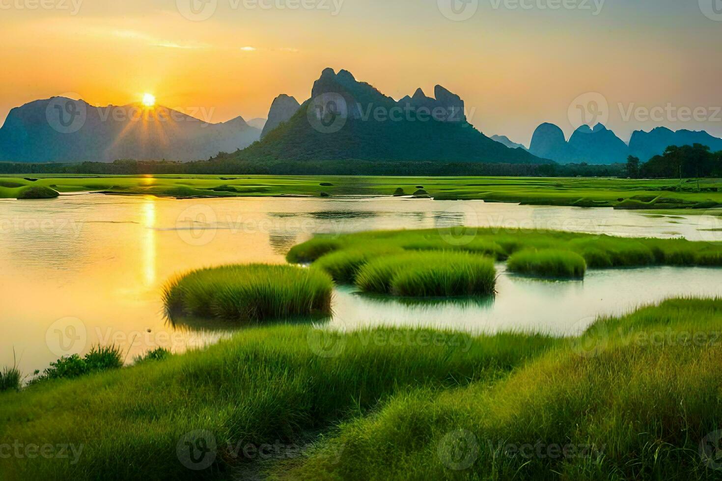 the li river, china, mountains, sunrise, landscape, nature, river, landscape,. AI-Generated ...