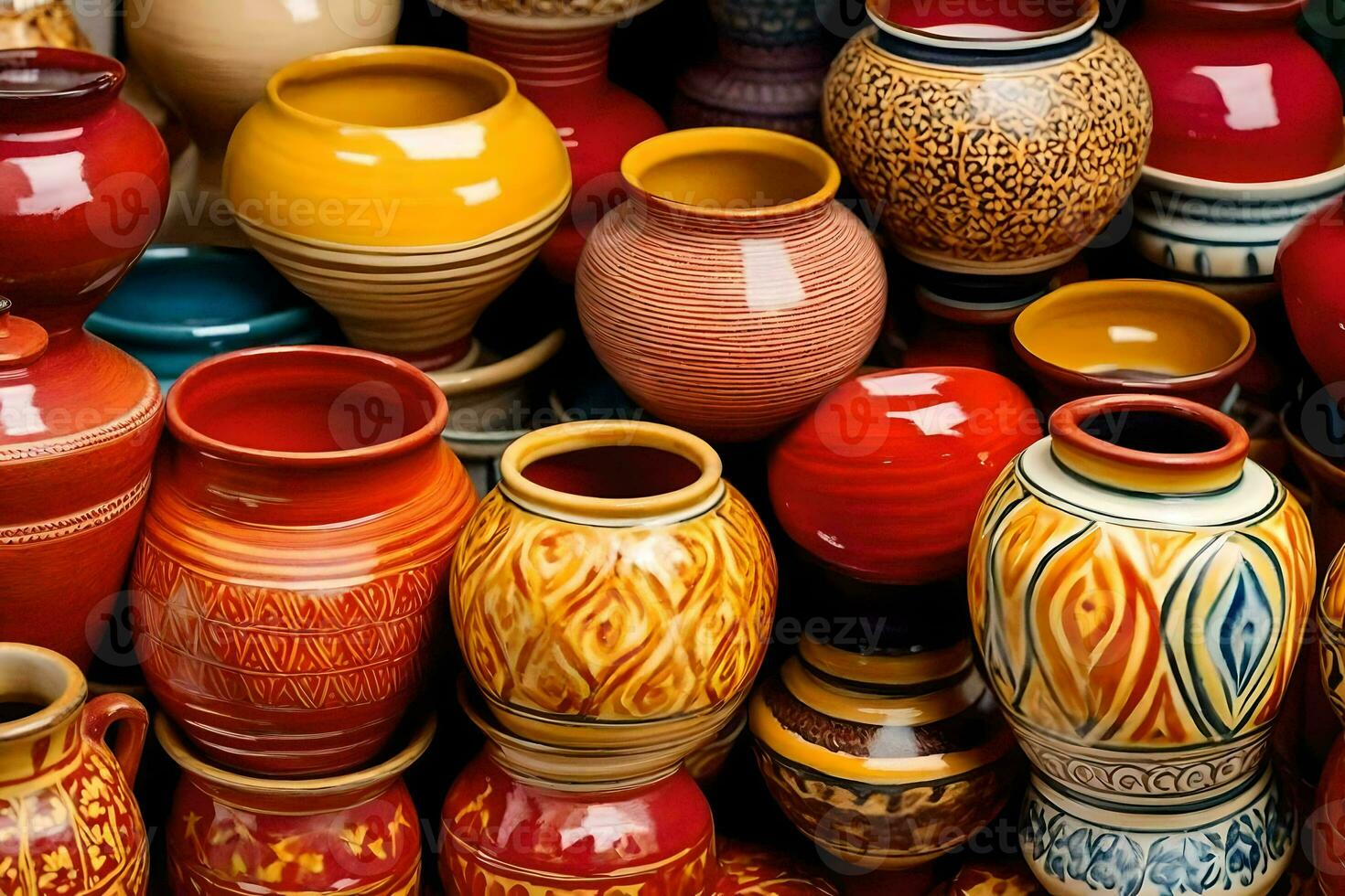 many colorful vases are stacked together. AI-Generated 30887440 Stock ...