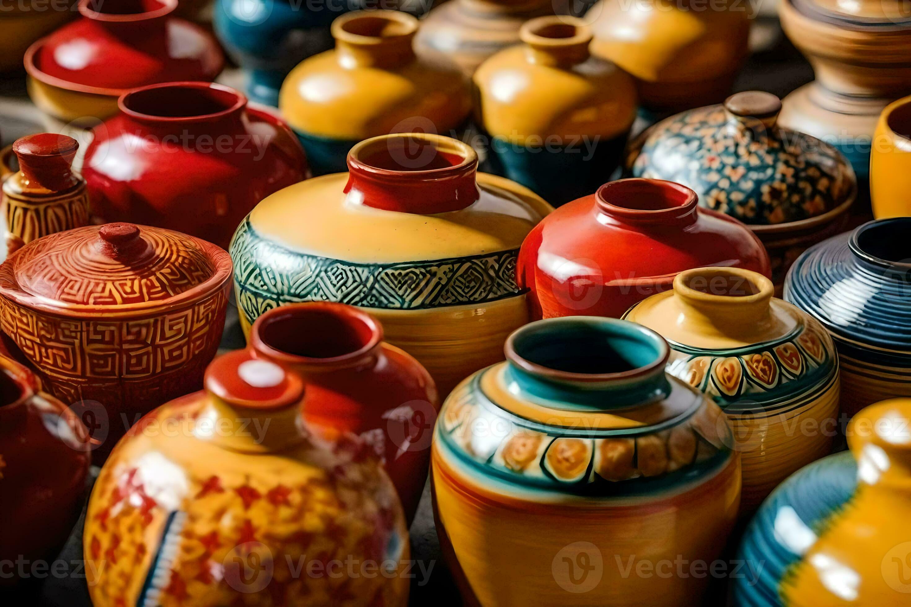 many colorful vases are displayed on a table. AI-Generated 30892520 ...