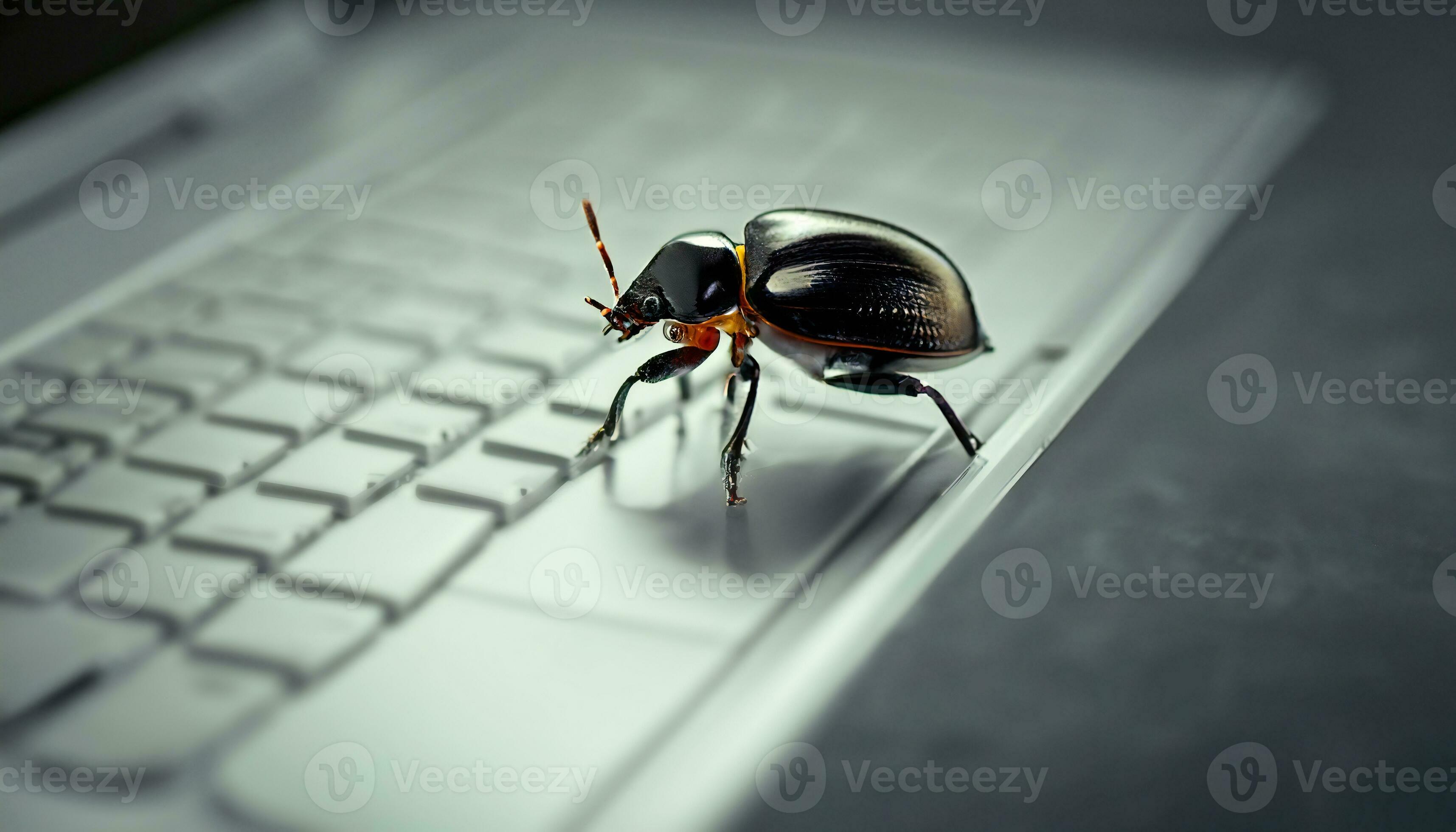 Beetle attacks and destroys electronics. Concept of computer virus and malicious software code ...