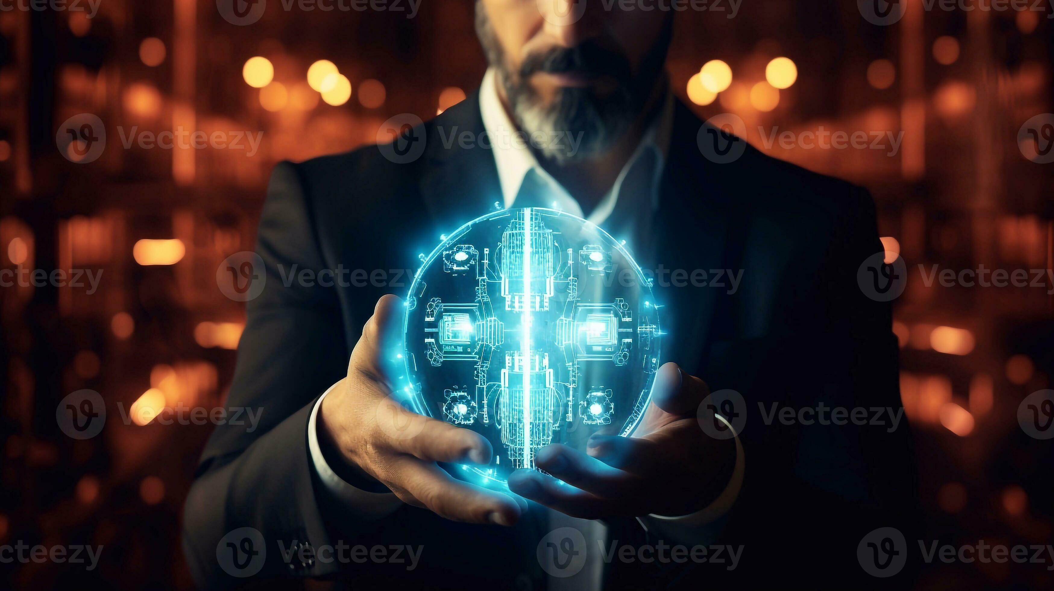 Close up of businessman hand holding glowing light bulb. Idea and ...