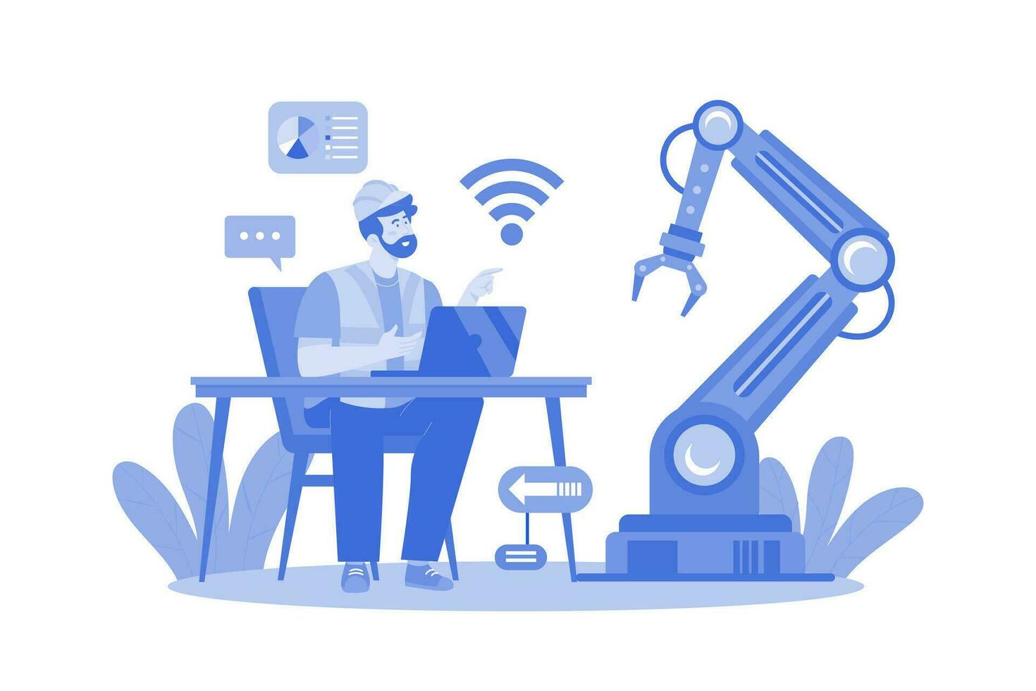 Man Controlling Factory Robot With Laptop 30911585 Vector Art at Vecteezy