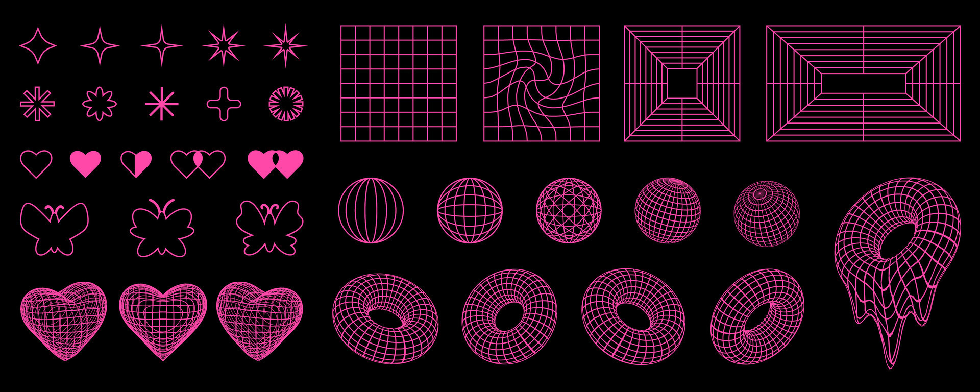 Retro Y2K shapes and 3d wireframes, grids, geometric forms, pink neon ...