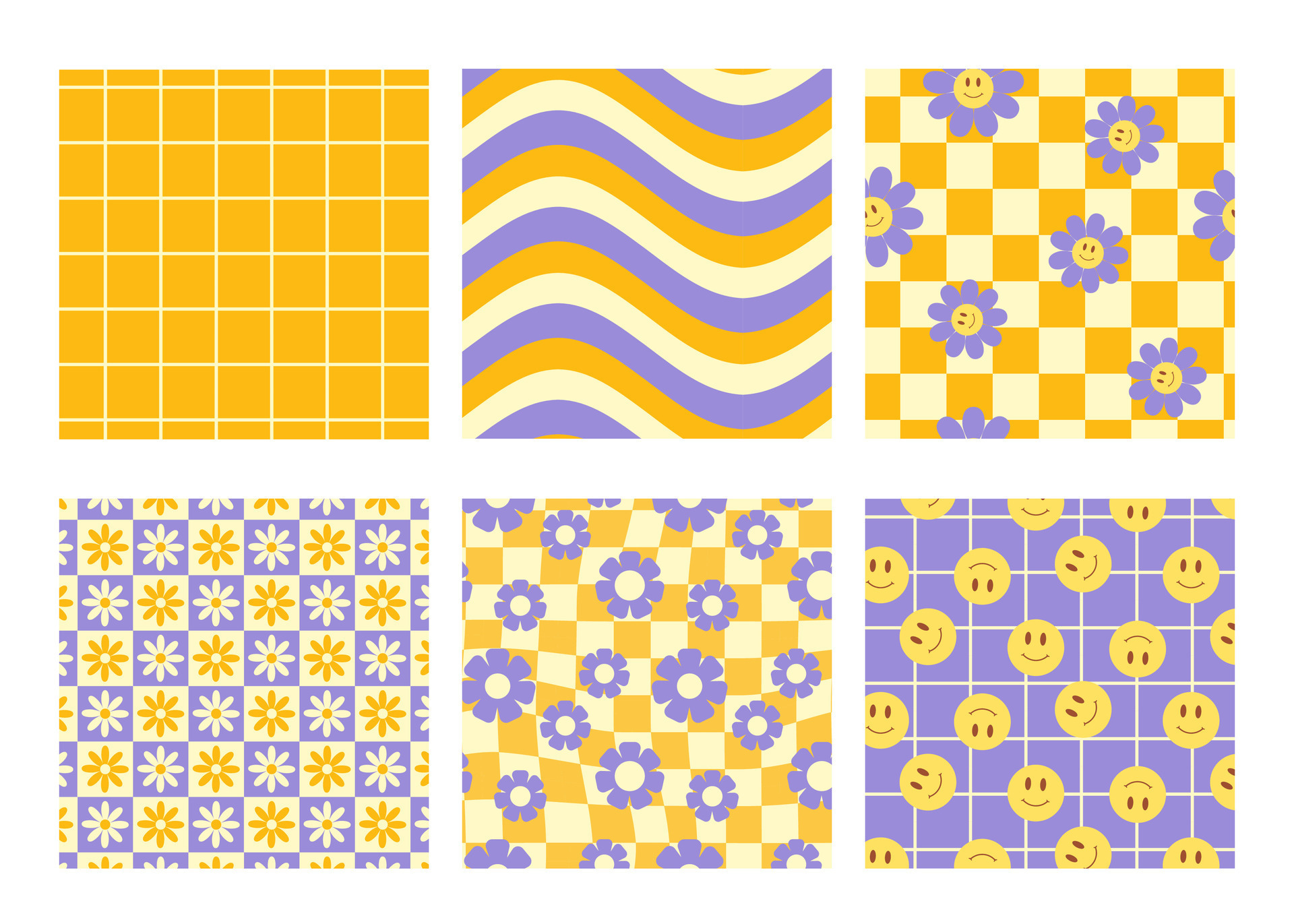 Groovy seamless patterns with funny happy daisy, wave, chess, mesh ...