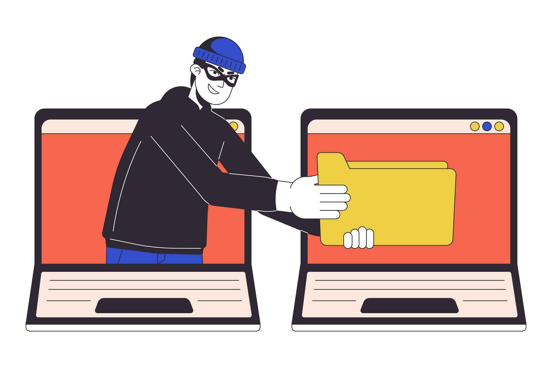 Thief Stealing Data From Laptop Flat Line Concept Vector Spot Illustration Phishing Attack 2d