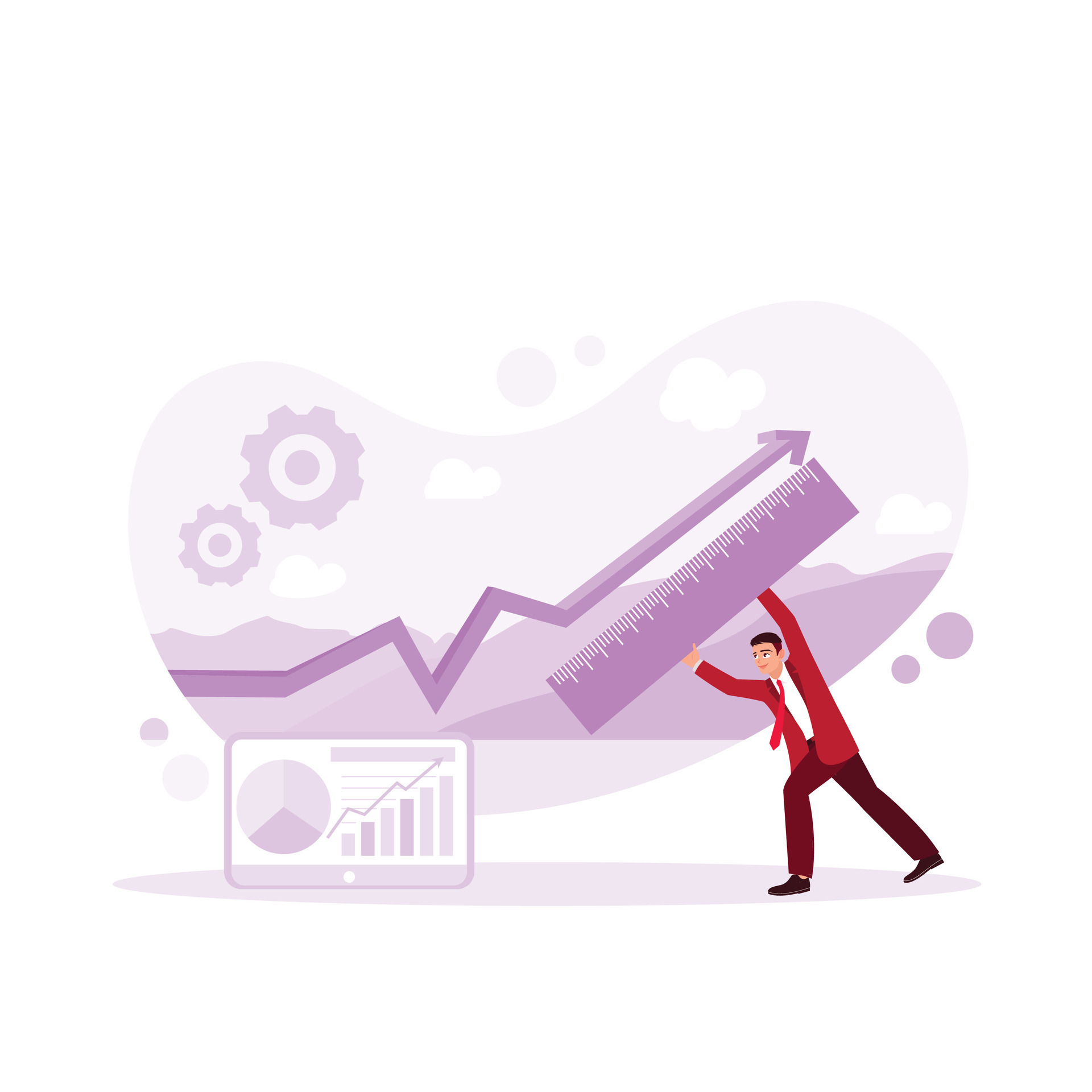 Young businessman measuring arrows with a ruler. Change management ... Young businessman measuring arrows with a ruler. Change management ...