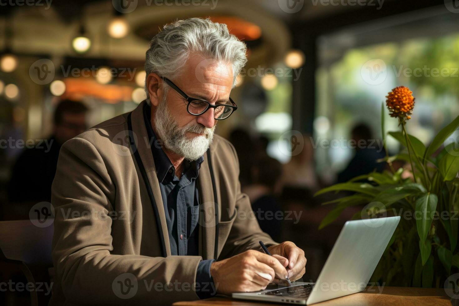 Old man working on notebook computer in cafe, created with generative ...