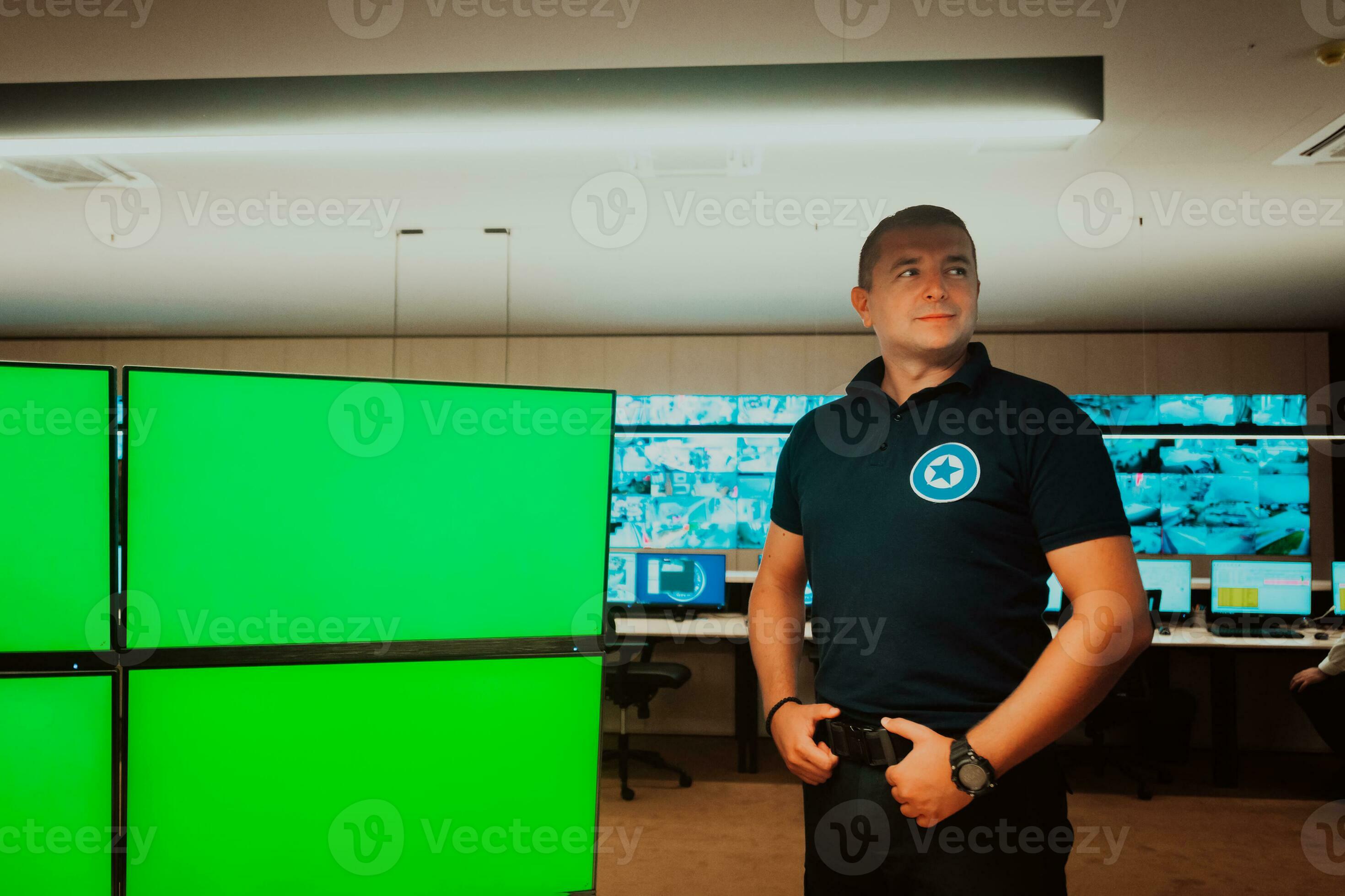 Male security operator working in a data system control room offices ...