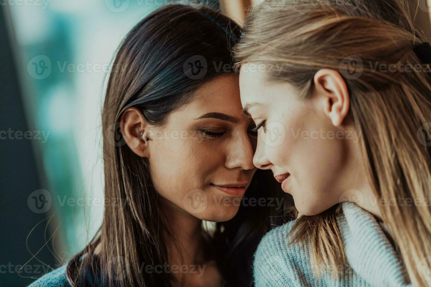 Diverse Friends Girls Lesbian Couple Hugging Stylish Cool Generation Z