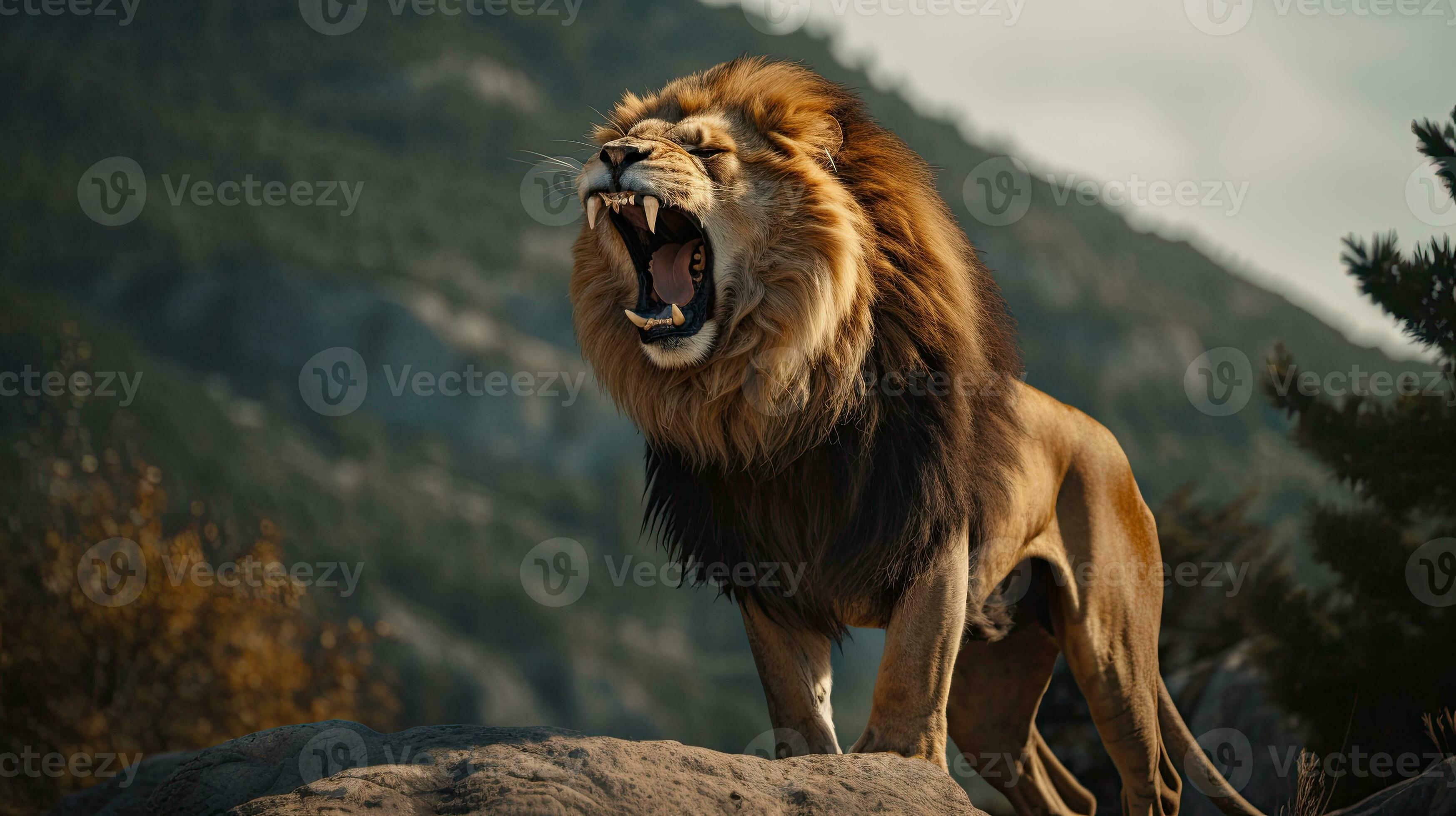 Portrait Lion standing on the rock with light exposure AI Generative 31071471 Stock Photo at ...