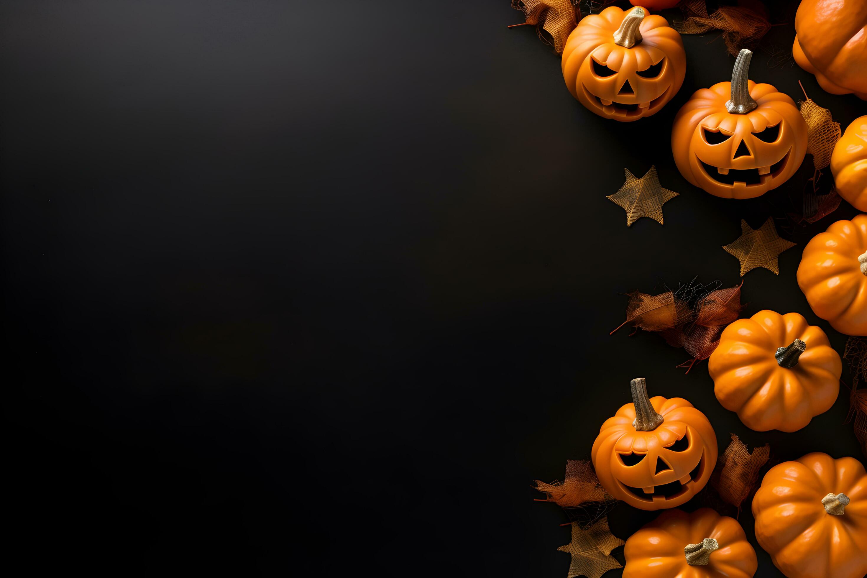 Happy halloween flat lay mockup with pumpkins and leaves on black ...