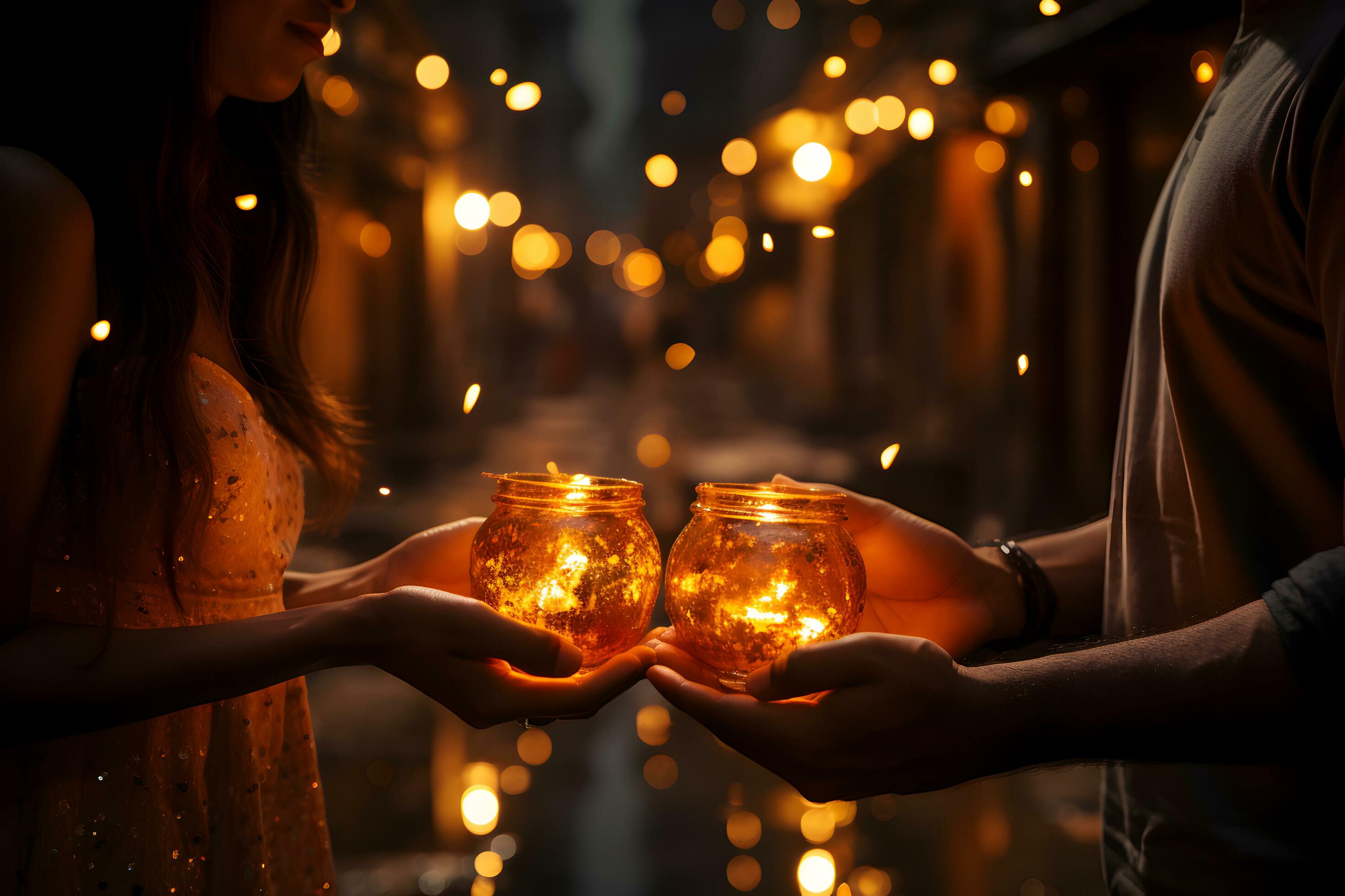 Hands of young couple holding flaming diya lamp on festive gold glowing bokeh background. Diwali ...