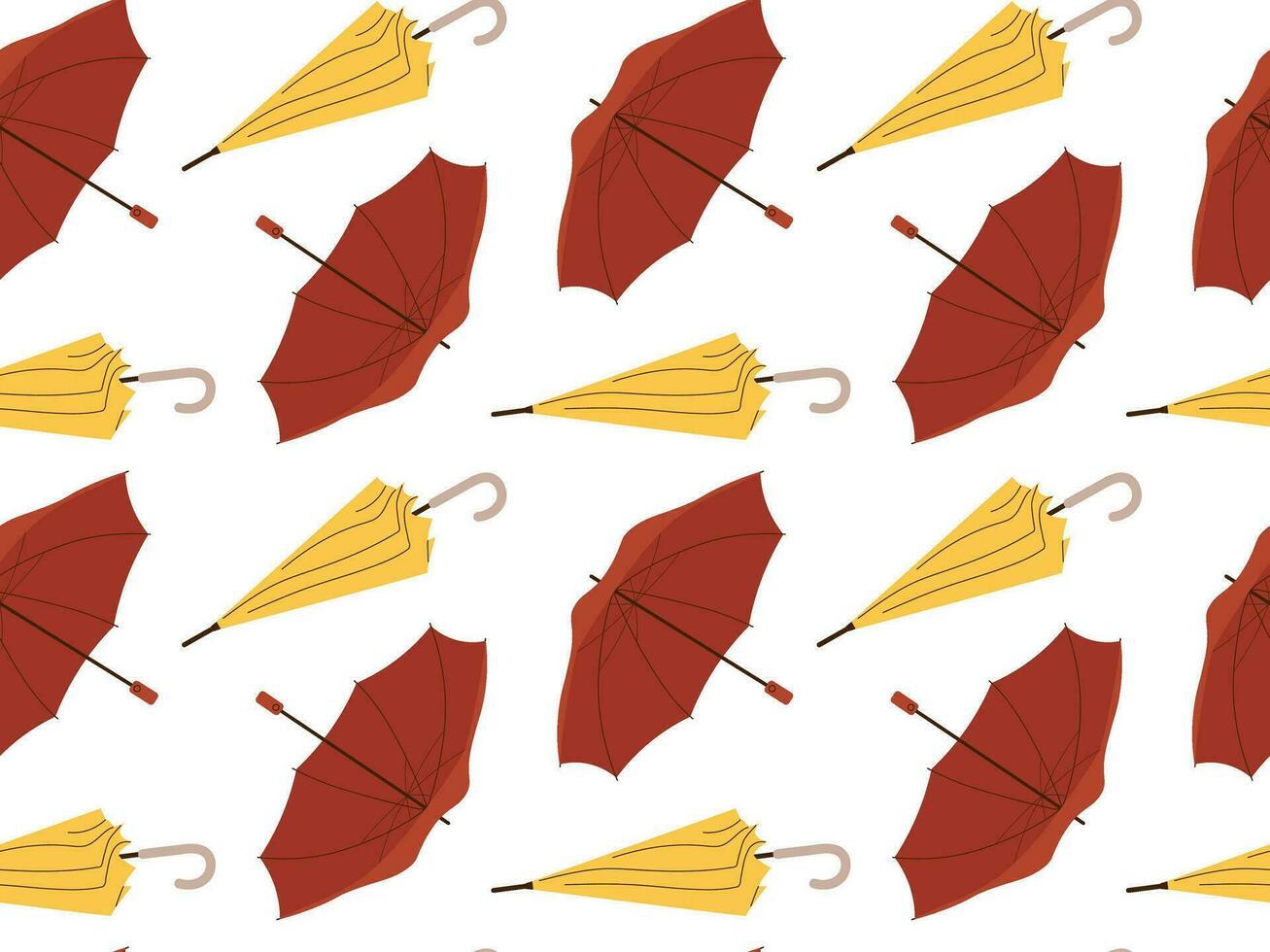 Red and yellow Umbrellas in various positions seamless pattern. Open and folded umbrellas ...