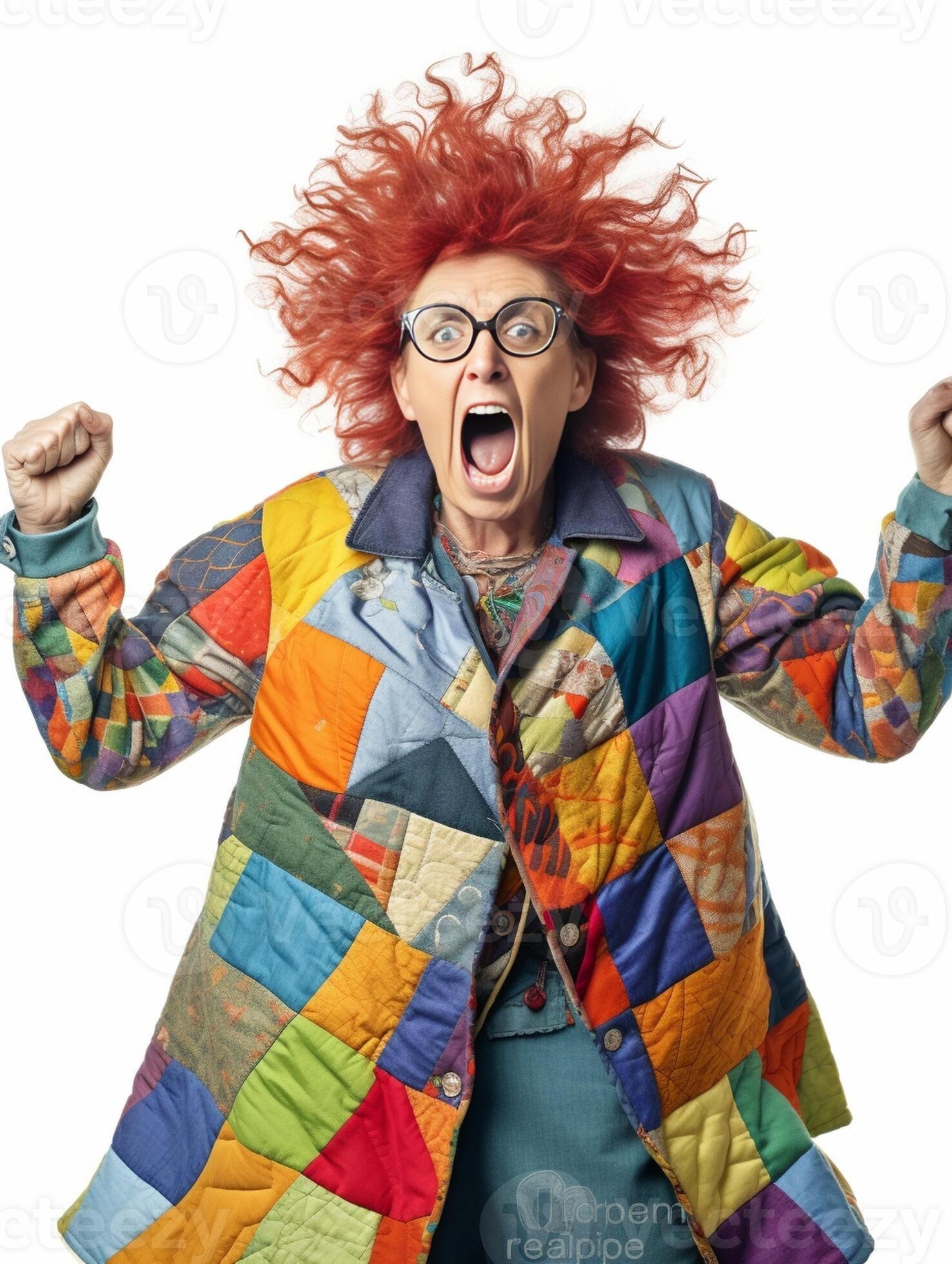 Emotional Curly Haired Woman Exclaims Loudly Keeps Mouth Opened Buried