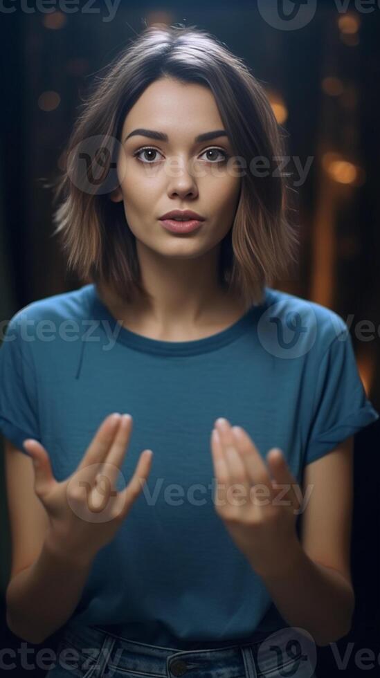 Waist Up Shot Of Pleased Young Woman With Dark Hair Spreads Palms