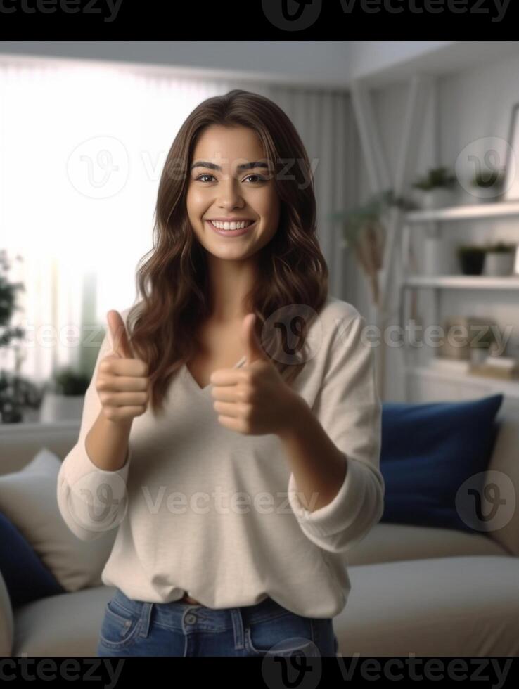 Waist Up Shot Of Pleased Young Woman With Dark Hair Spreads Palms