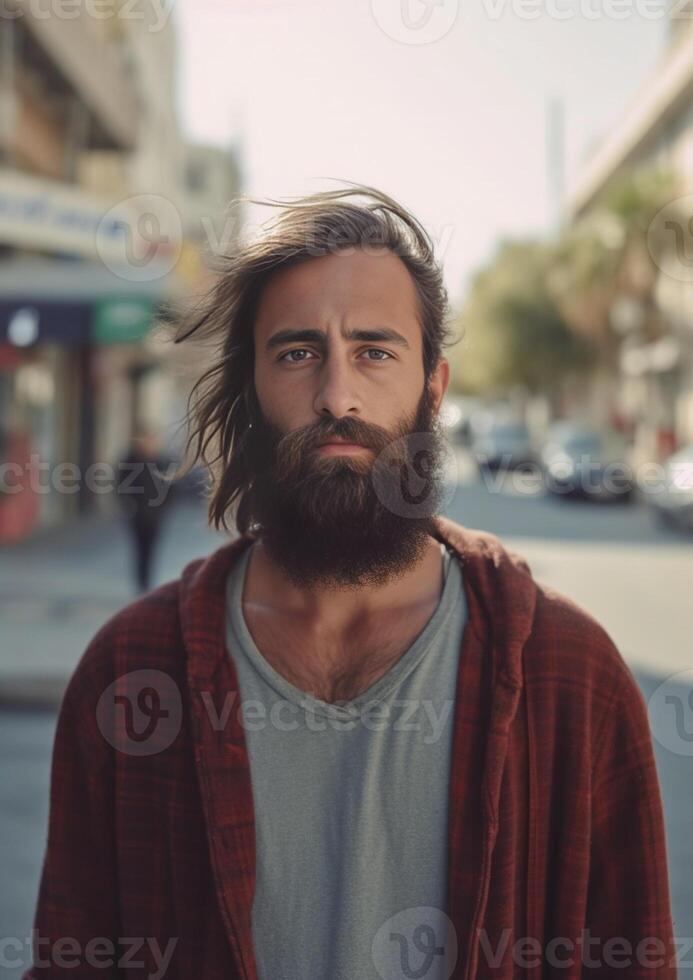 Portrait of sullen angry man with fuzzy hipster beard dressed casually ... Portrait of sullen angry man with fuzzy hipster beard dressed casually ...