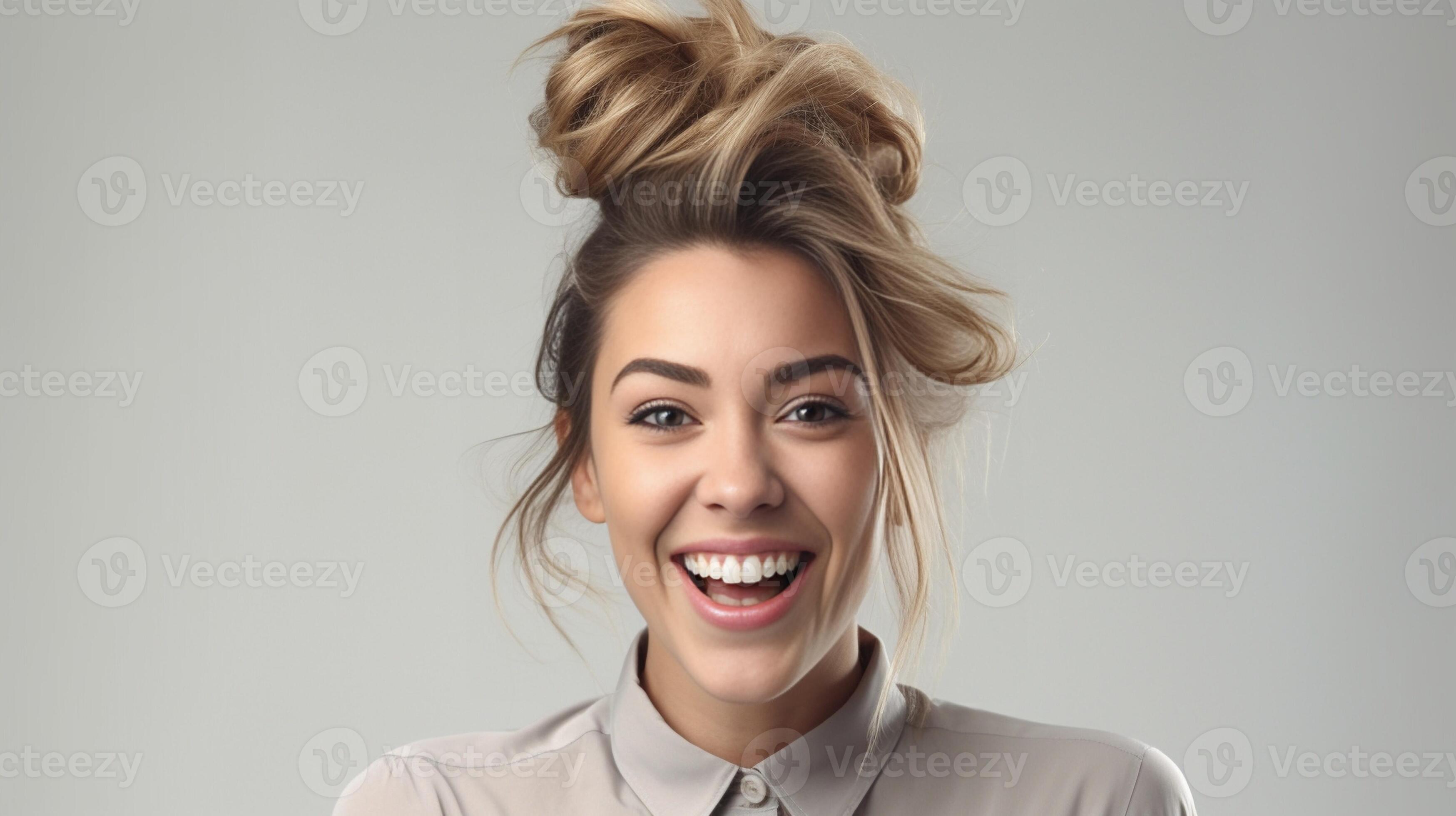 Headshot Of Gorgeous Attractive Young Lady With Hair Gathered In Bun Smiling Broadly And Closing
