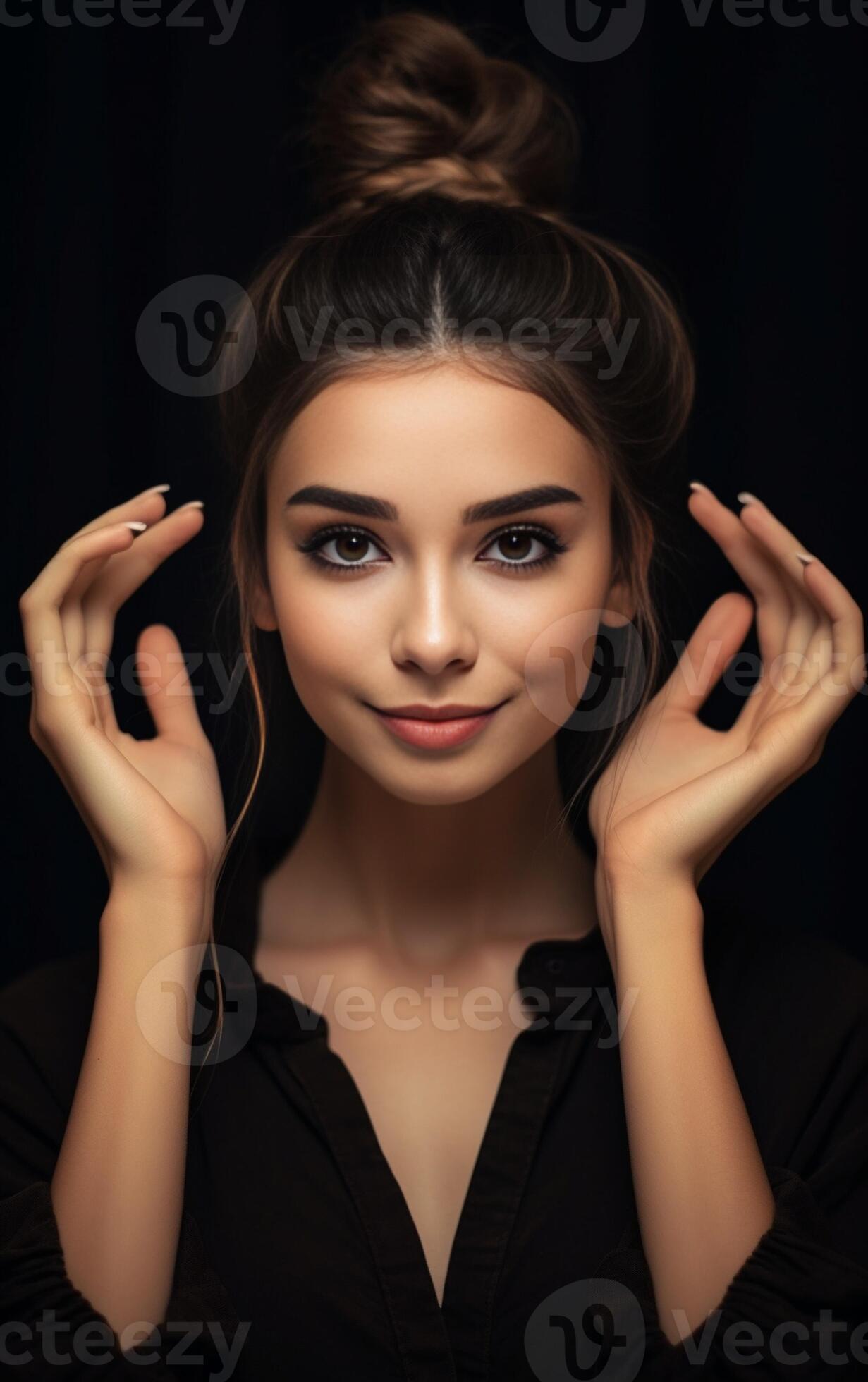 Headshot Of Gorgeous Attractive Young Lady With Hair Gathered In Bun Smiling Broadly And Closing