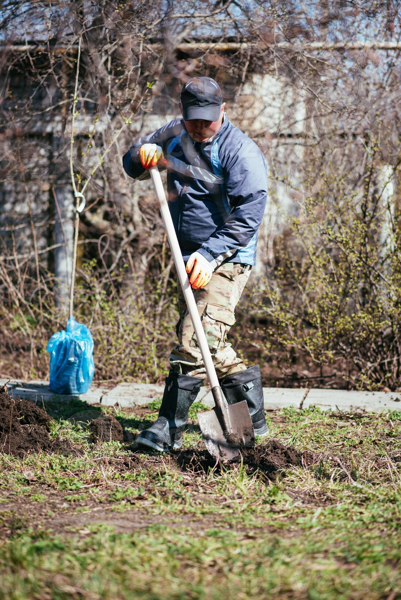 A man is planting a young tree. The farmer is digging the ground with a shovel for a small ...