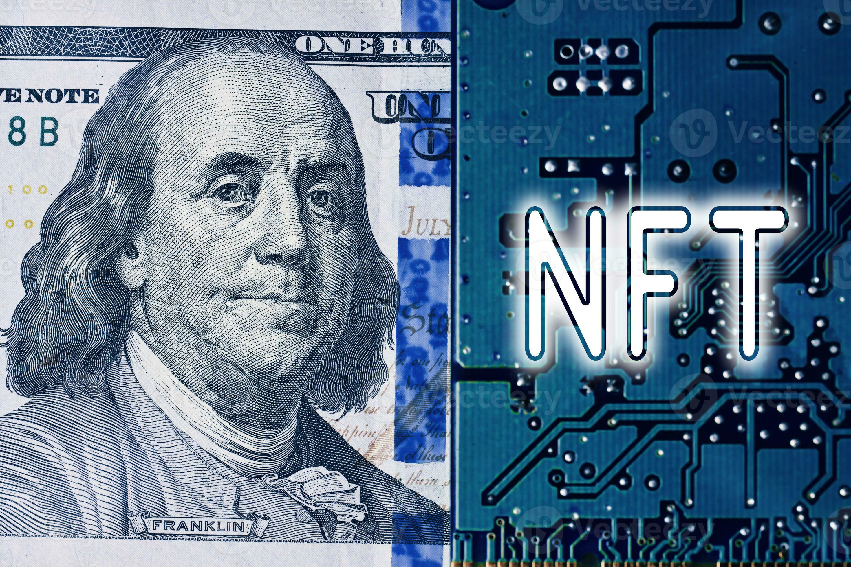 NFT on printed circuit board. Electronic board, us dollar and NFT technology. Rolling out new ...