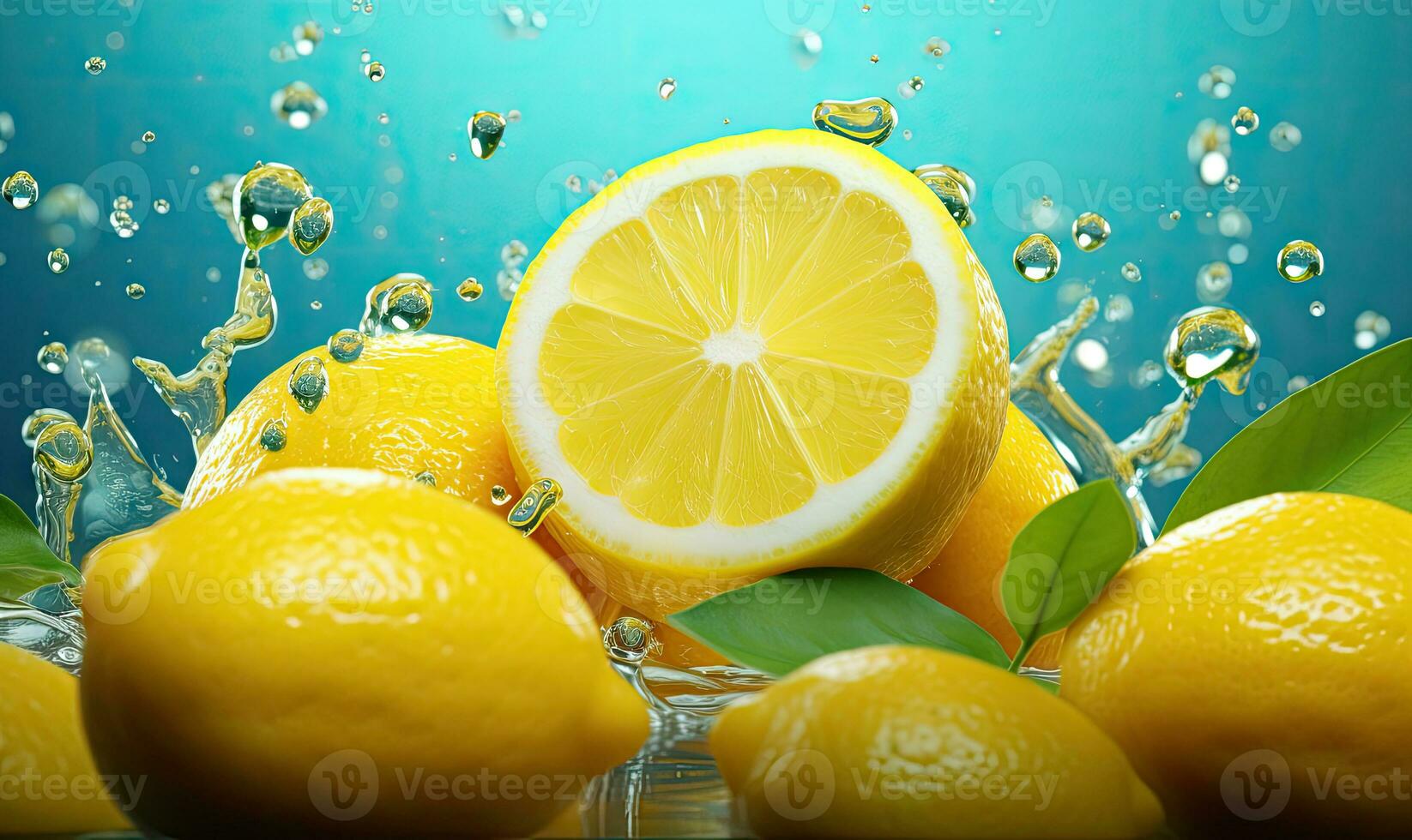 Lemon slices floating in clear water with soft light reflections and bubbles. Created by AI ...