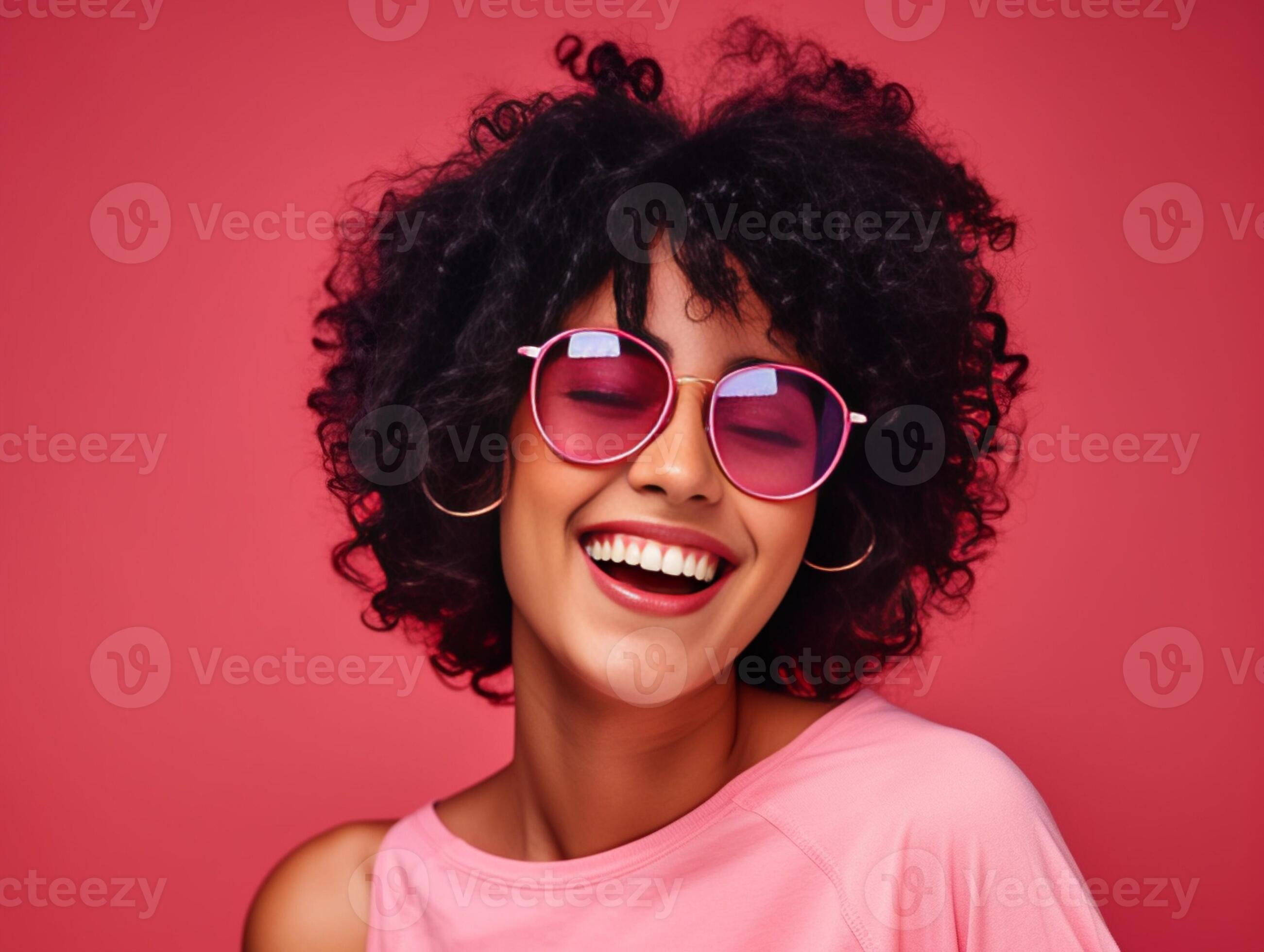 Cute Curly Haired Young Woman Raises Hands Exclaims Loudly Wears