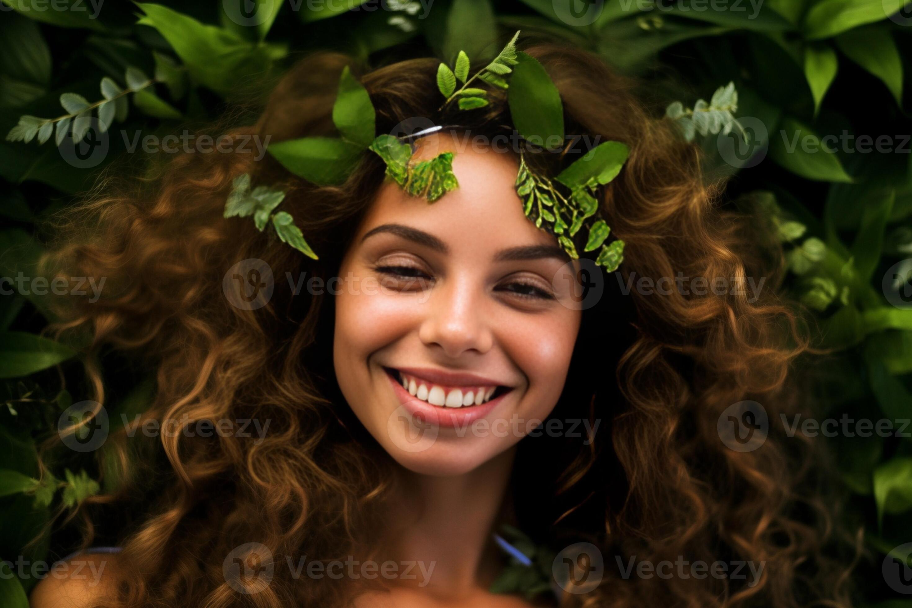 Headshot Of Beautiful Curly Haired Smiling Woman Applies Cosmetic Eye