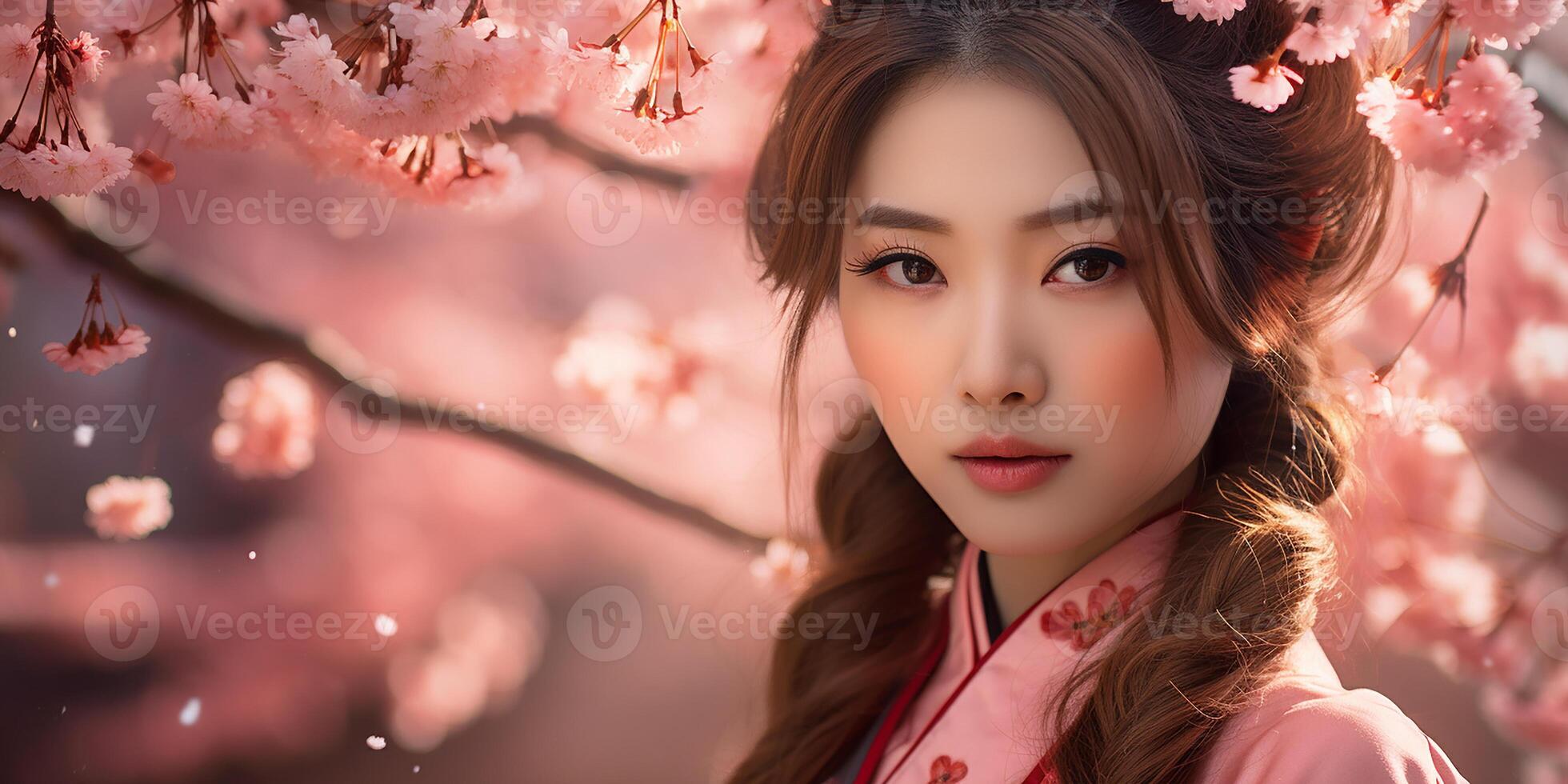 photorealistic image of a beautiful Japanese girl among cherry blossoms. cosmetics advertising ...