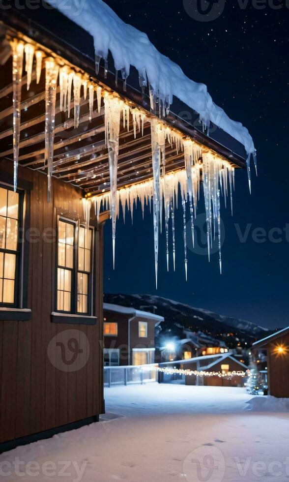 Icicles Hanging From A SnowCovered Rooftop Adorned With Twinkling ...