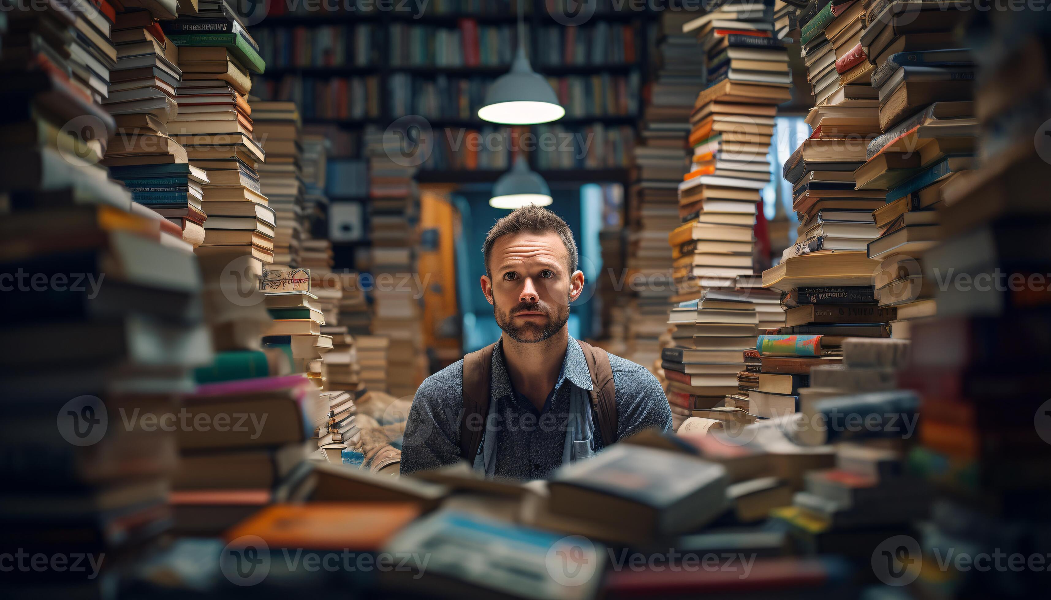 Photo of a man surrounded by a library full of books AI Generated ...