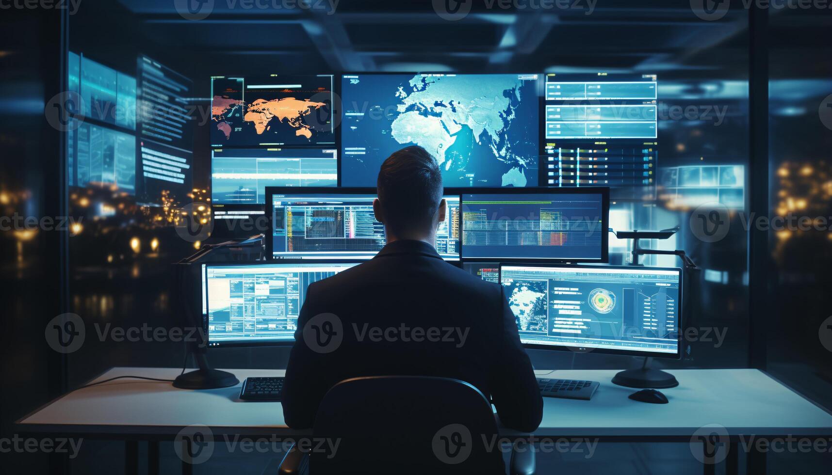 A man working at a multi-monitor computer setup AI Generated 31224925 ...