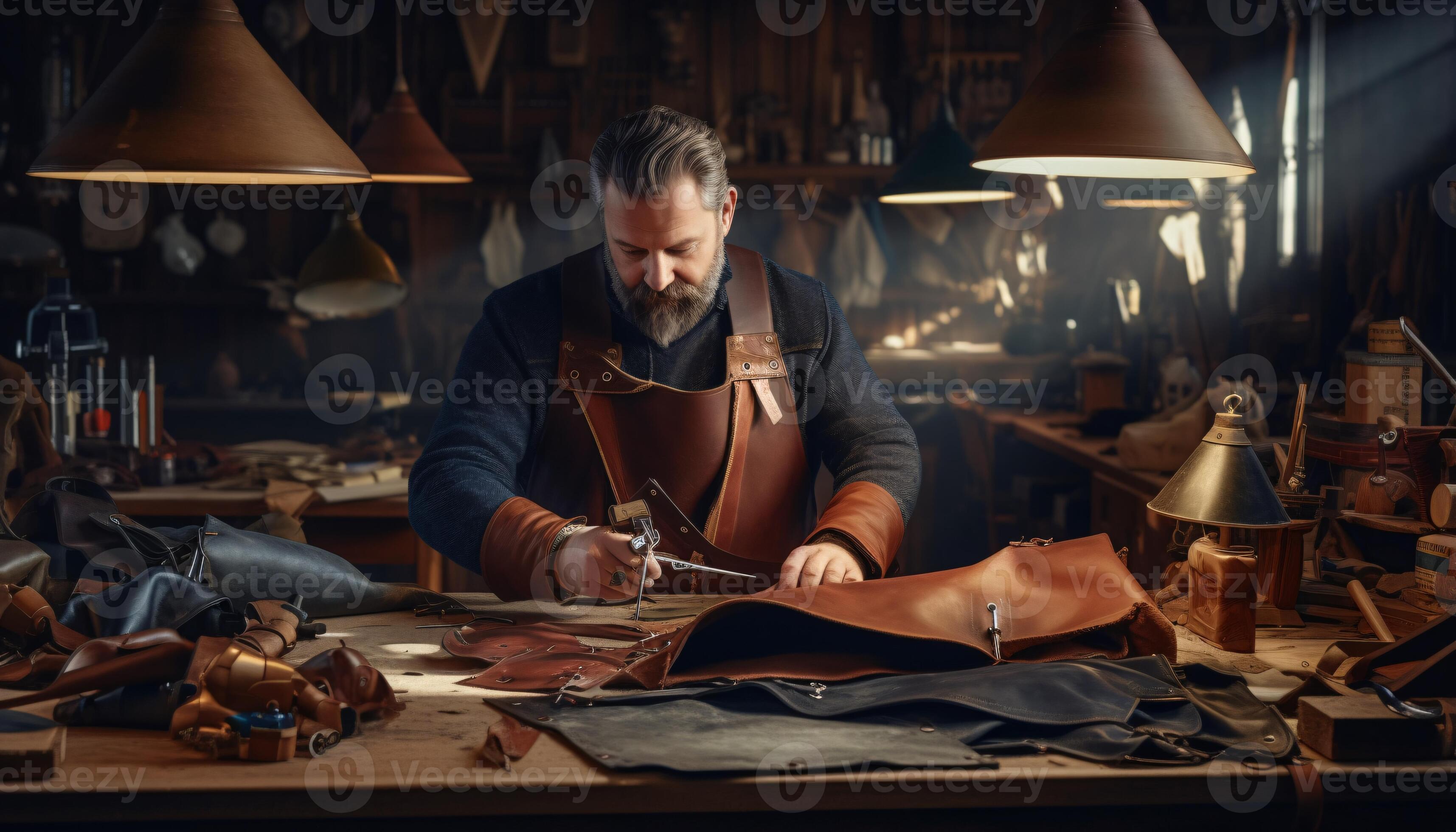 A skilled craftsman working on a leather creation in a traditional ...