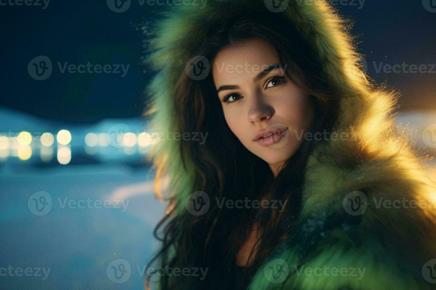 A stylish woman posing in a snowy landscape wearing a luxurious fur ...