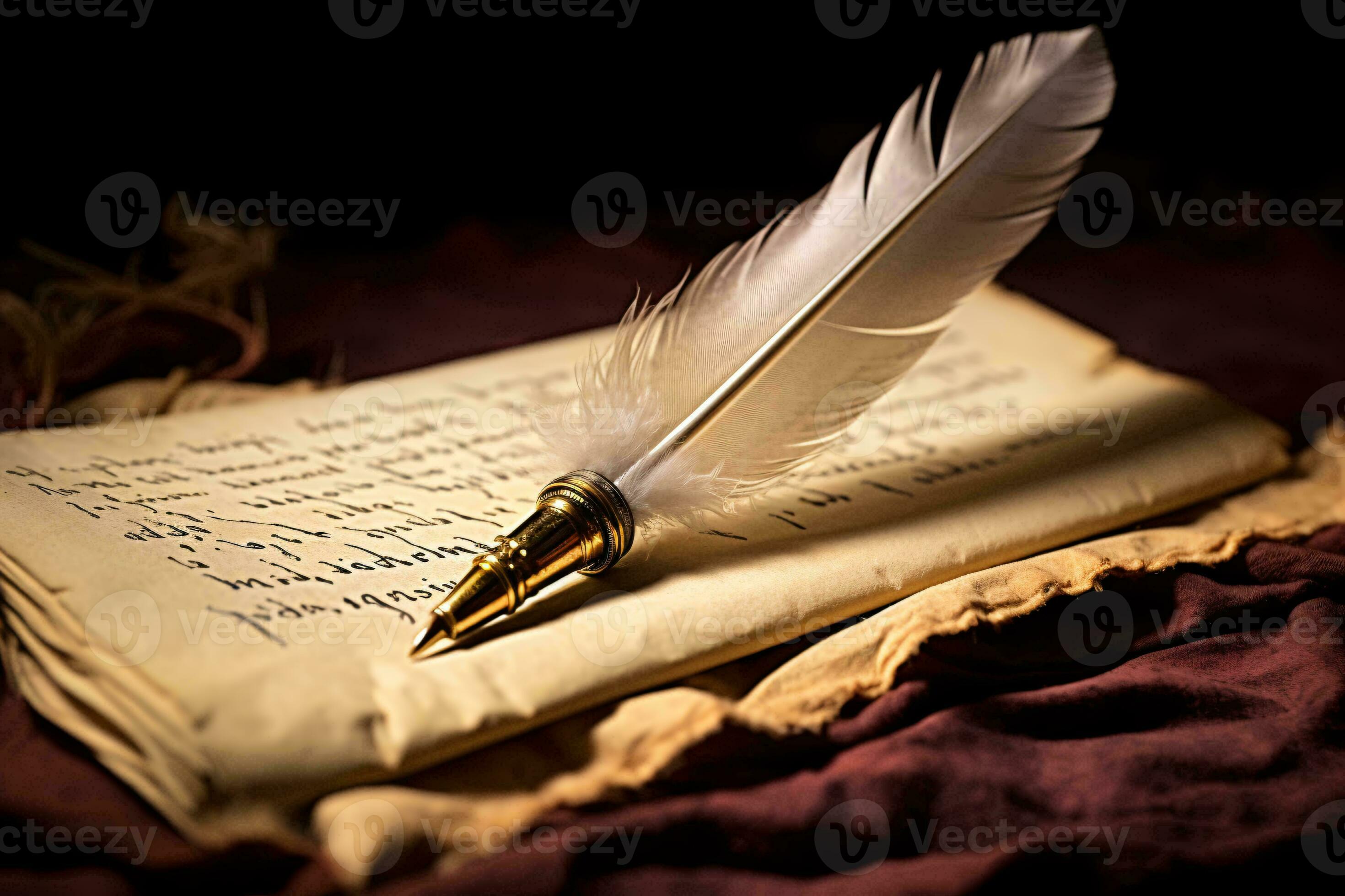 A vintage feather quill pen delicately placed on top of an antique book AI Generated 31229257 ...