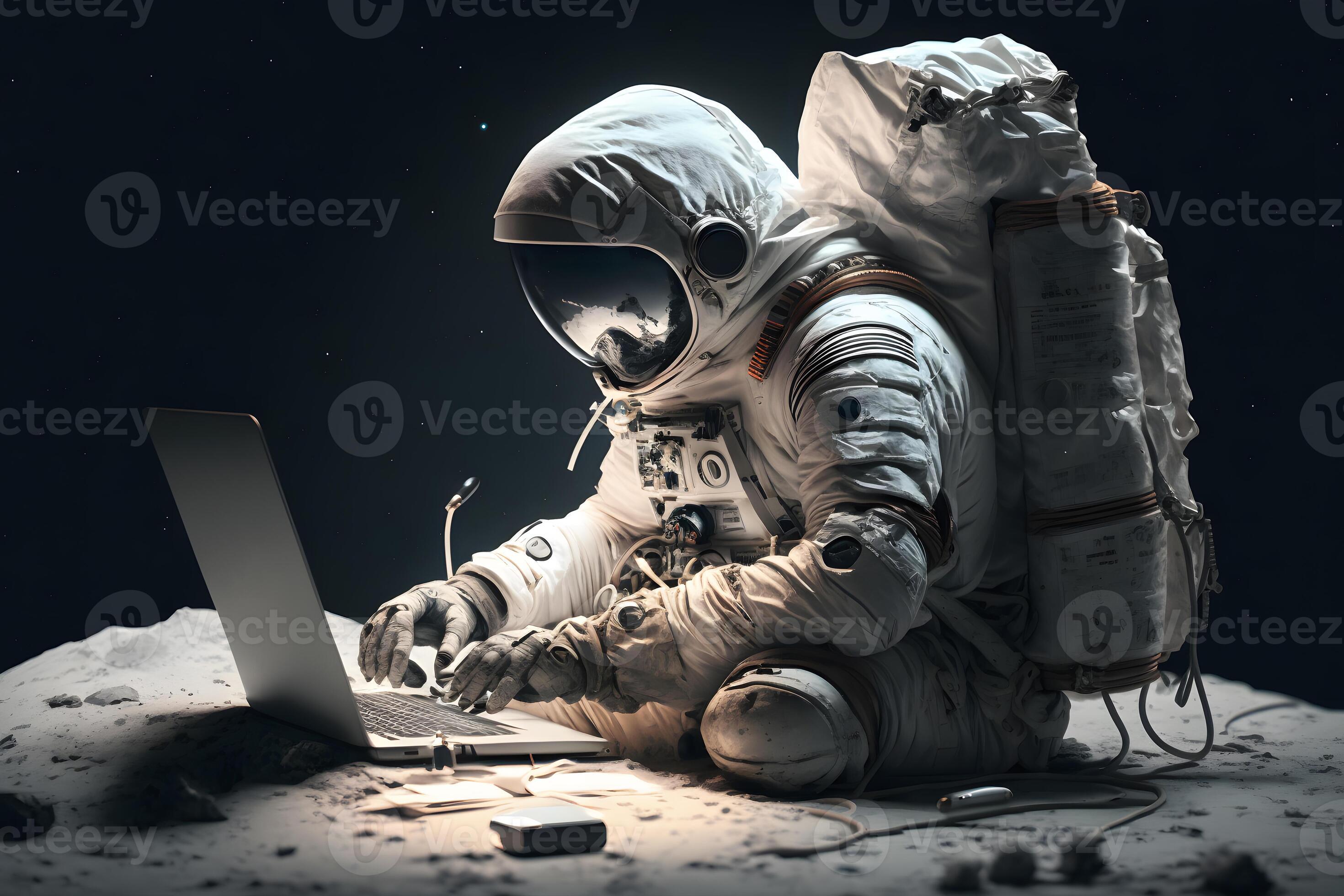 Astronaut In Outer Space Working On A Laptop Neural Network Ai