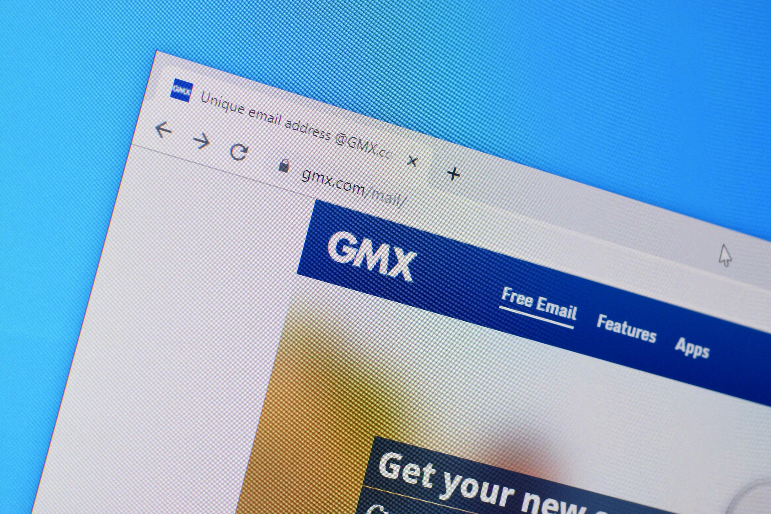 Homepage of gmx mail website on the display of PC, url - gmx.com ...
