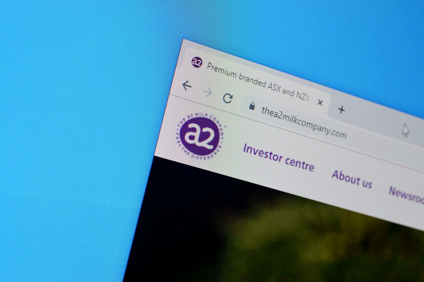 Homepage of the a2 milk company website on the display of PC, url ...